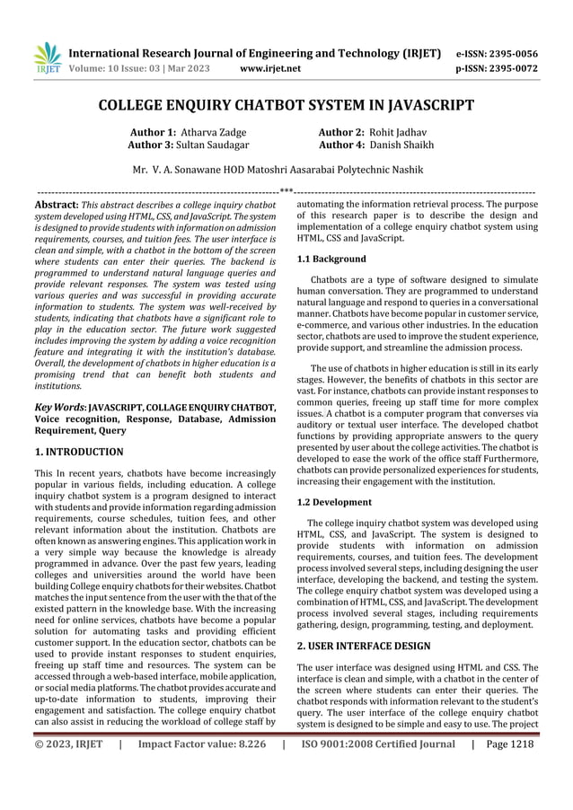 COLLEGE ENQUIRY CHATBOT SYSTEM IN JAVASCRIPT | PDF