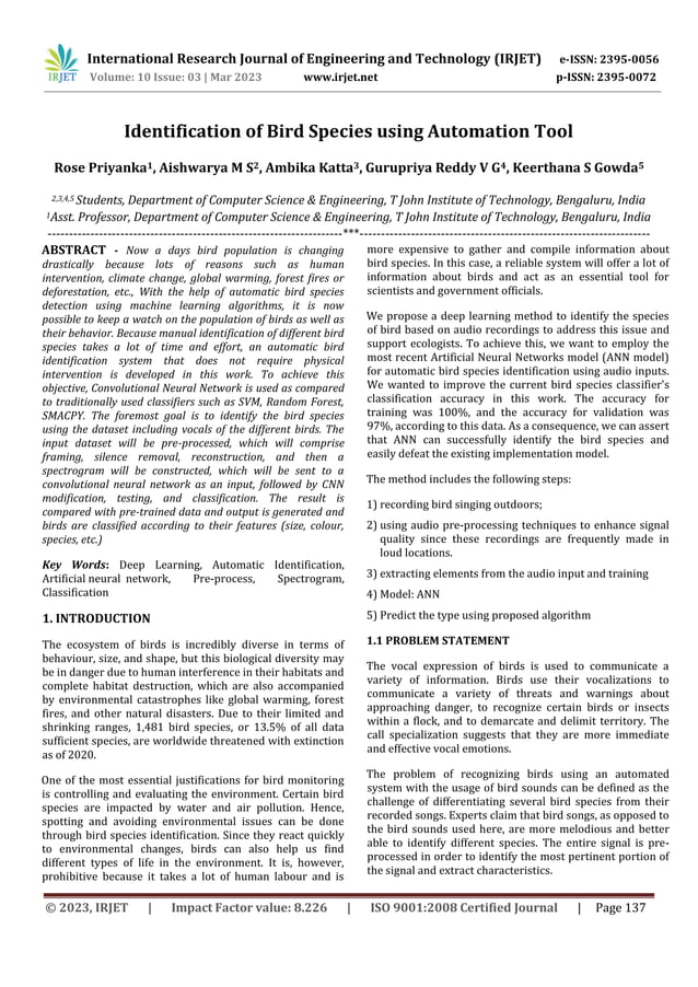Identification of Bird Species using Automation Tool | PDF | Digital ...