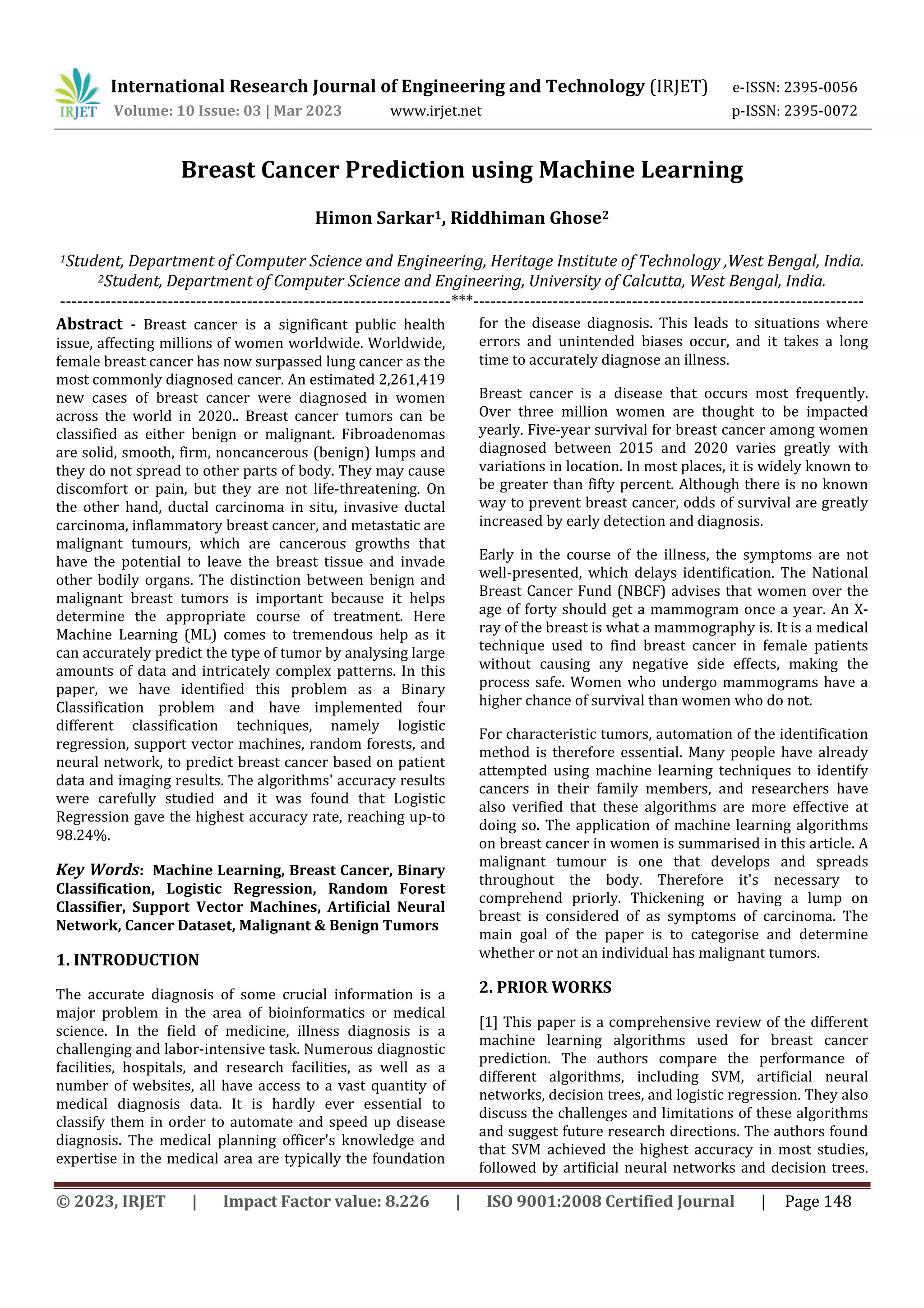 Breast Cancer Prediction Using Machine Learning Pdf