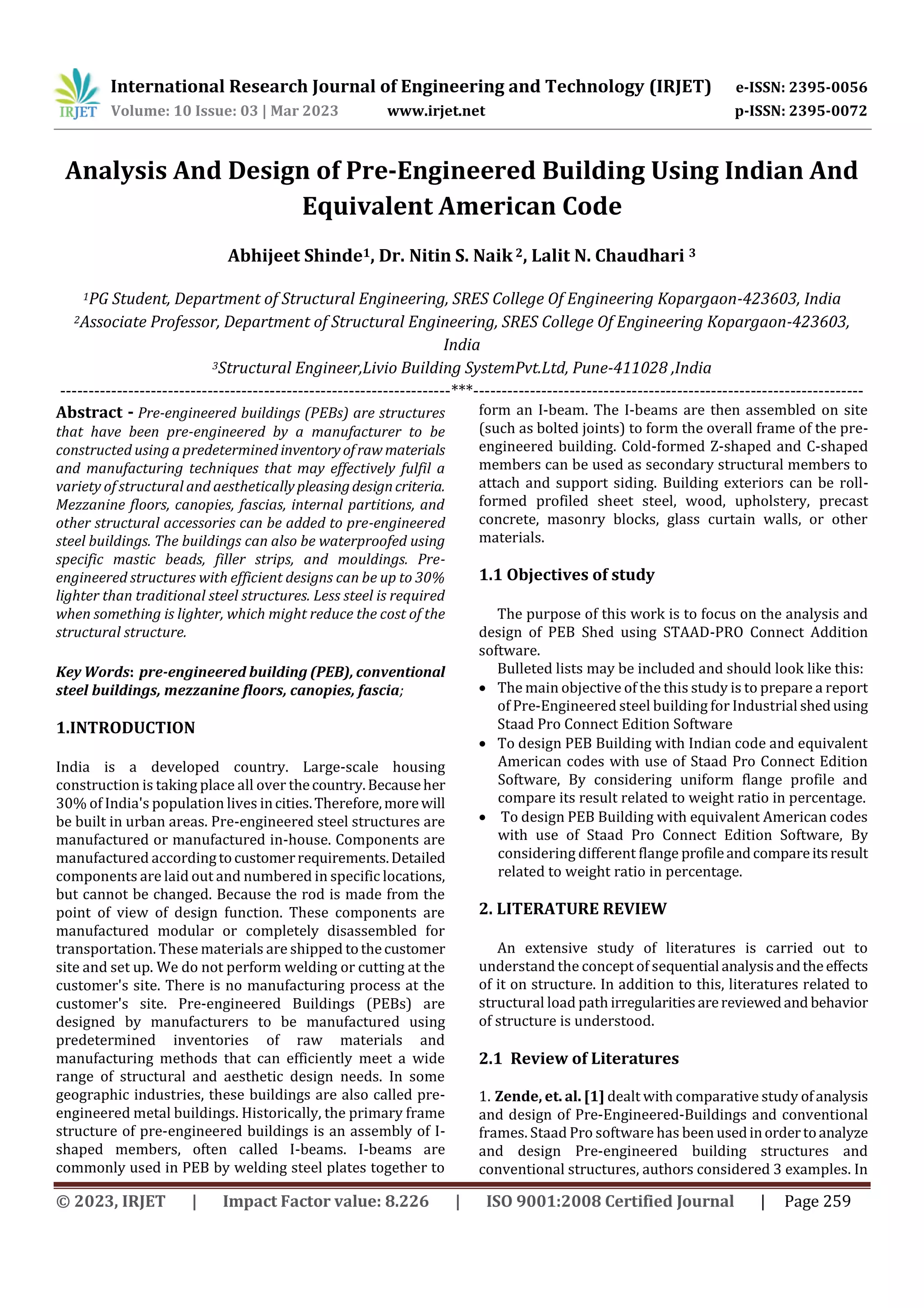 Analysis And Design of Pre-Engineered Building Using Indian And Equivalent American Code | PDF