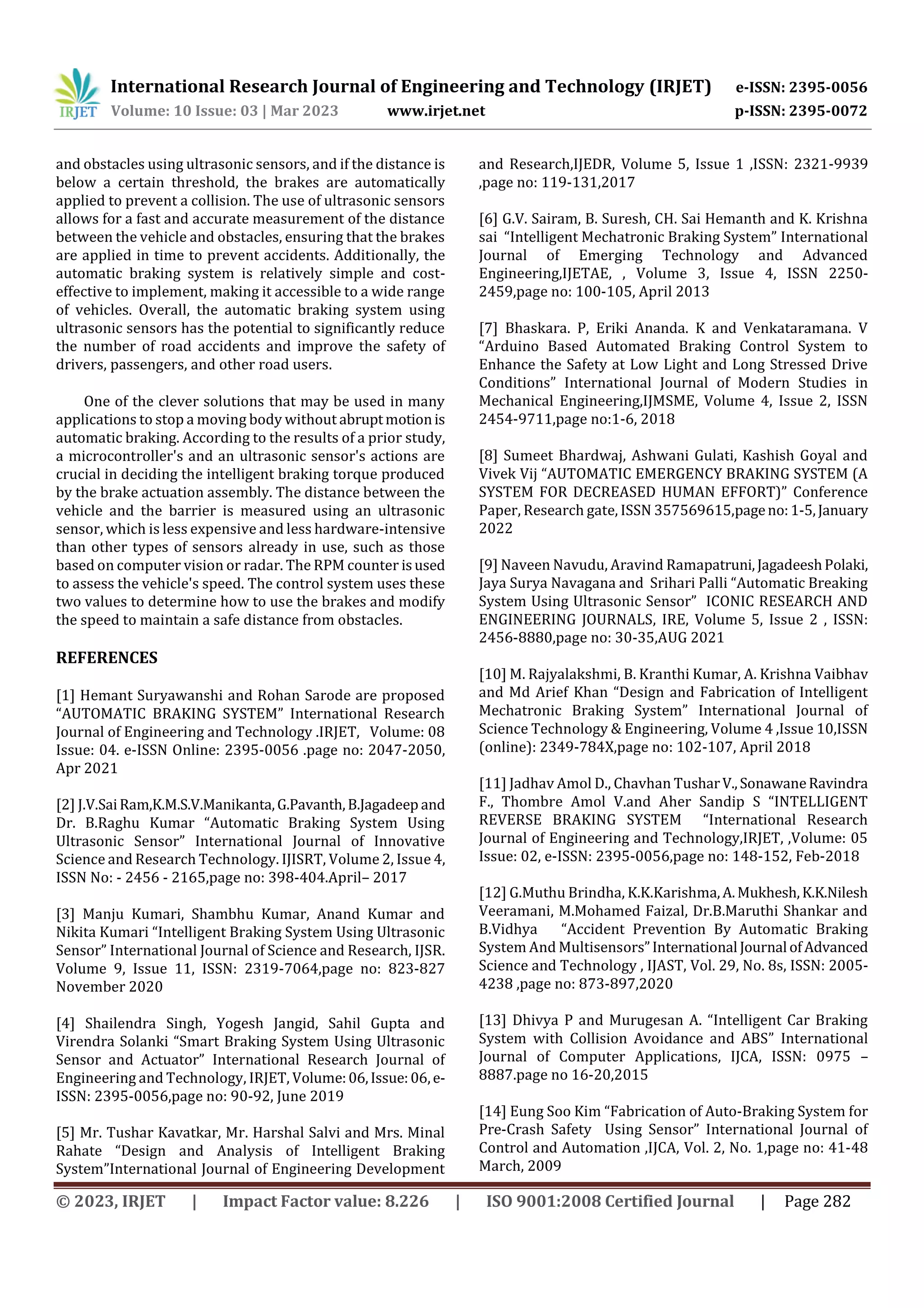 FABRICATION OF AUTOMATIC BRAKING SYSTEM USING ULTRASONIC SENSOR | PDF