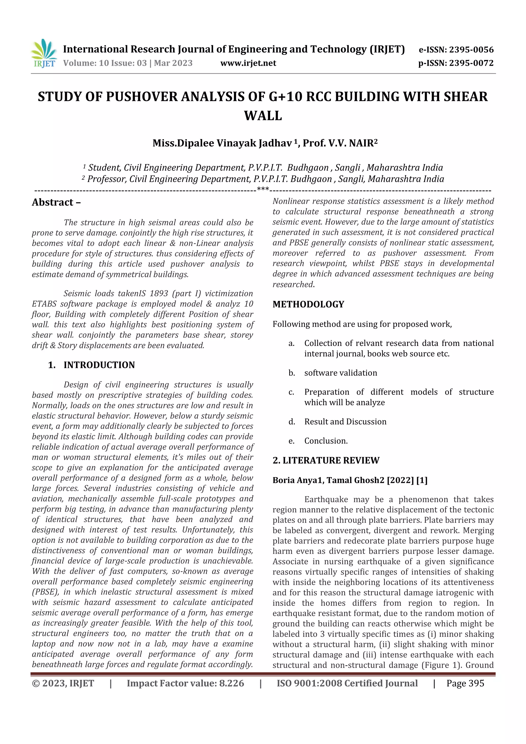 STUDY OF PUSHOVER ANALYSIS OF G+10 RCC BUILDING WITH SHEAR WALL | PDF