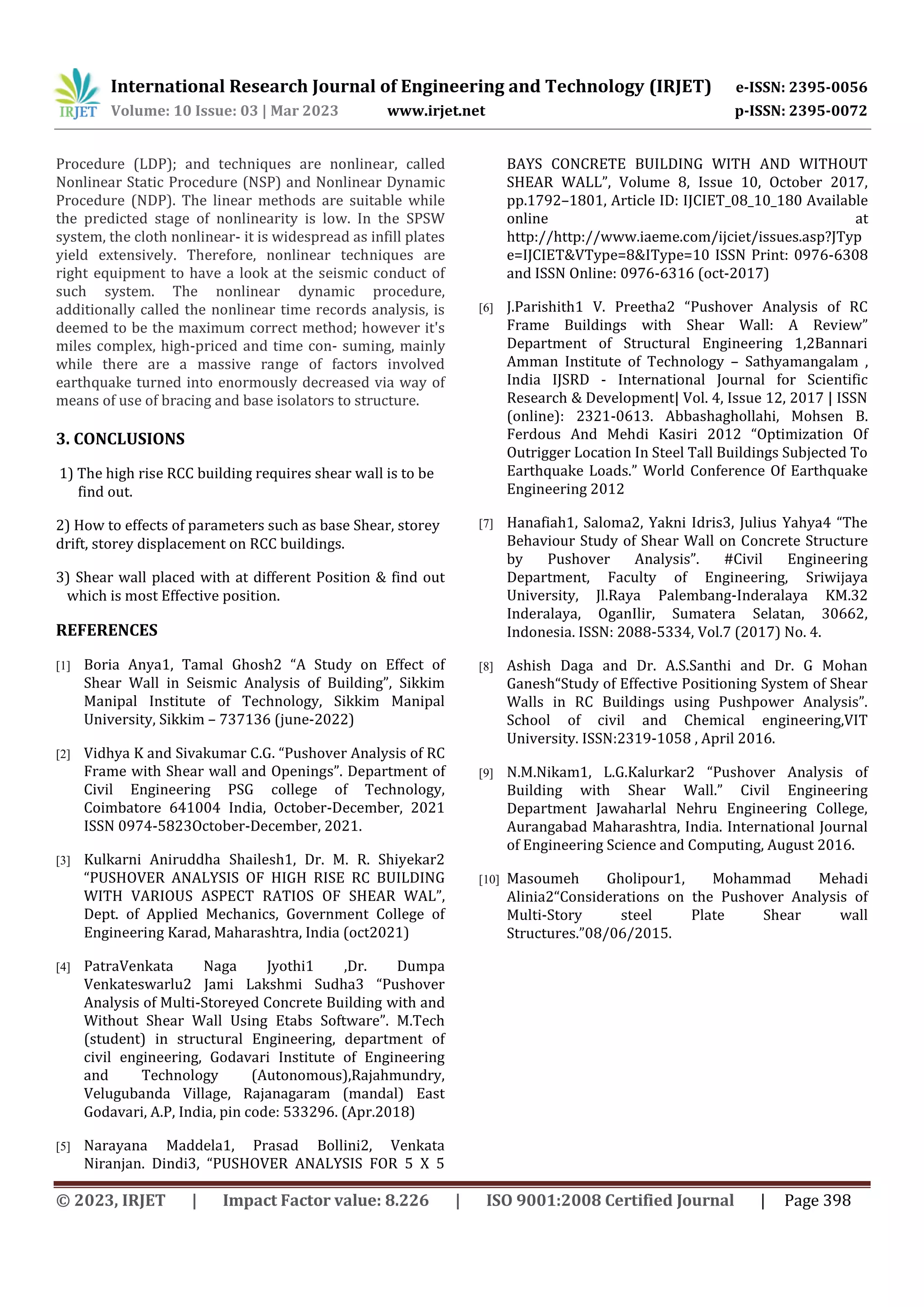 STUDY OF PUSHOVER ANALYSIS OF G+10 RCC BUILDING WITH SHEAR WALL | PDF
