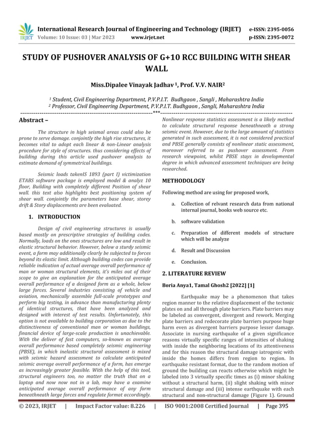 STUDY OF PUSHOVER ANALYSIS OF G+10 RCC BUILDING WITH SHEAR WALL | PDF