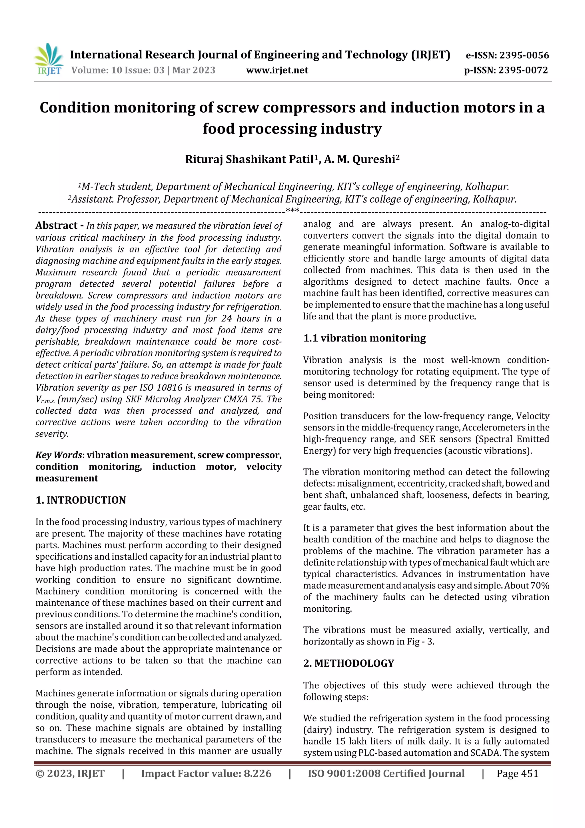 Condition monitoring of screw compressors and induction motors in a food processing industry | PDF