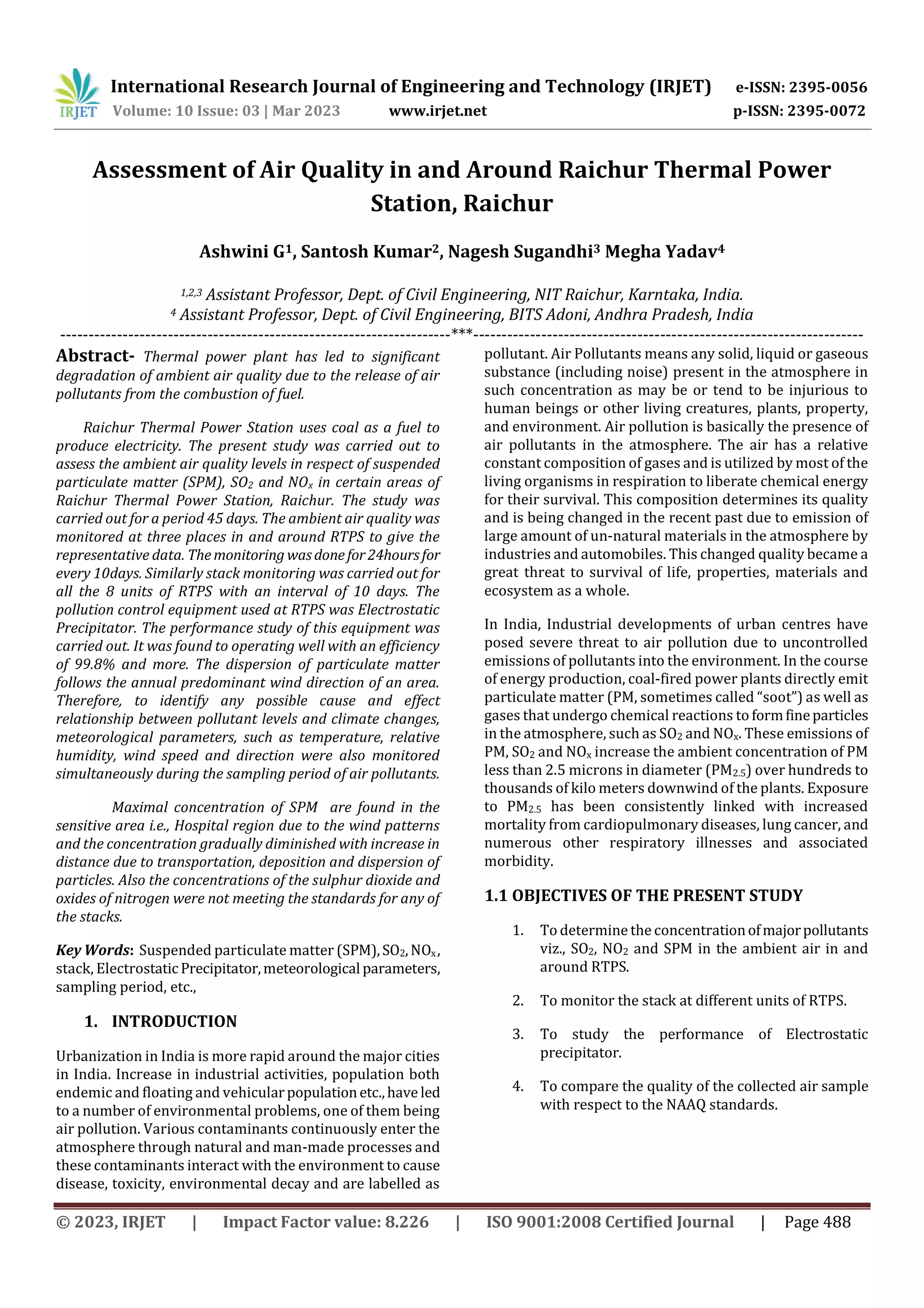 Assessment of Air Quality in and Around Raichur Thermal Power Station ...