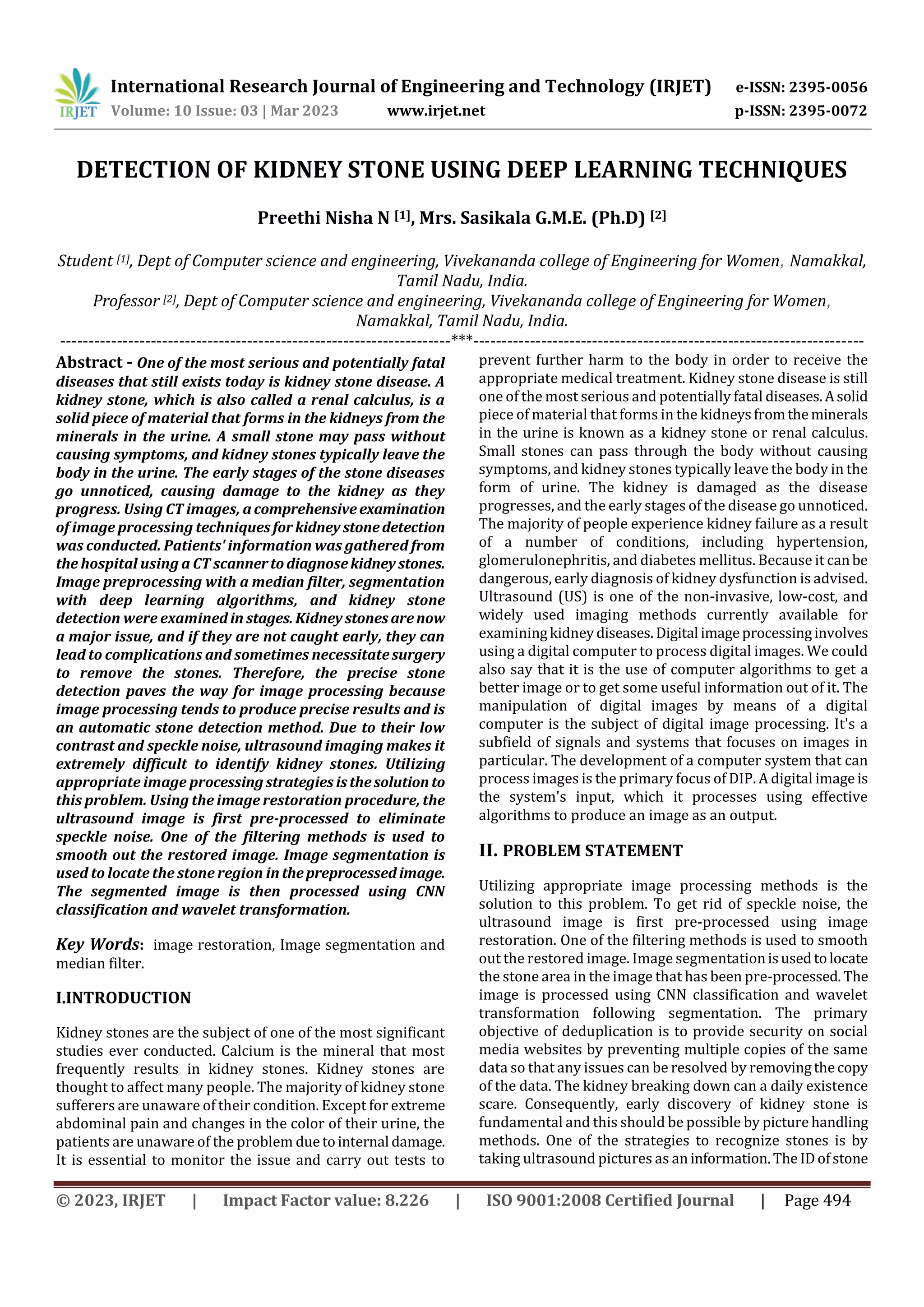 DETECTION OF KIDNEY STONE USING DEEP LEARNING TECHNIQUES | PDF