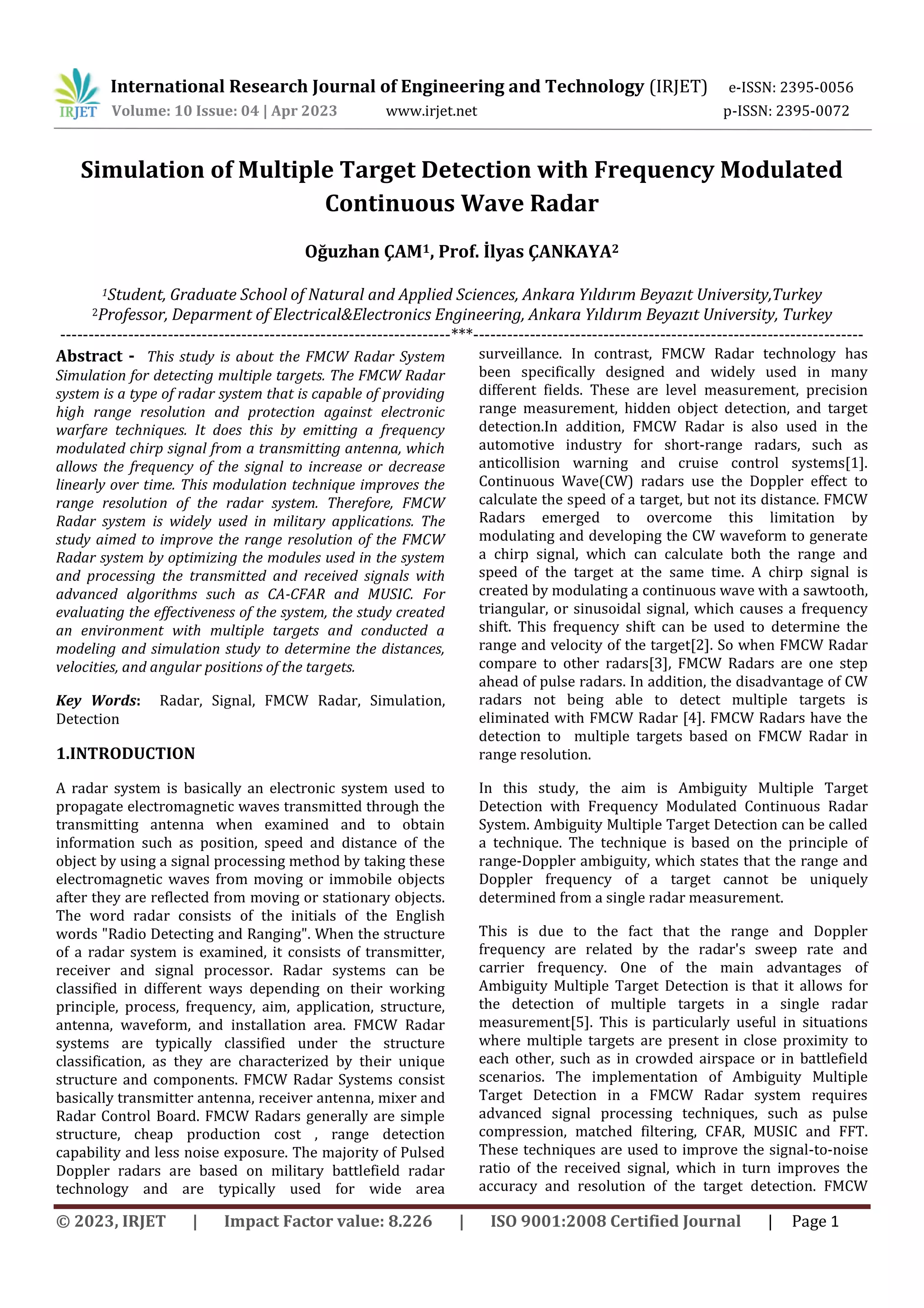 Simulation Of Multiple Target Detection With Frequency Modulated Continuous Wave Radar Pdf
