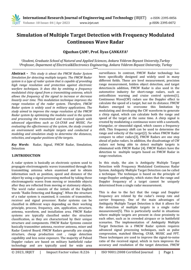 Simulation of Multiple Target Detection with Frequency Modulated Continuous Wave Radar | PDF