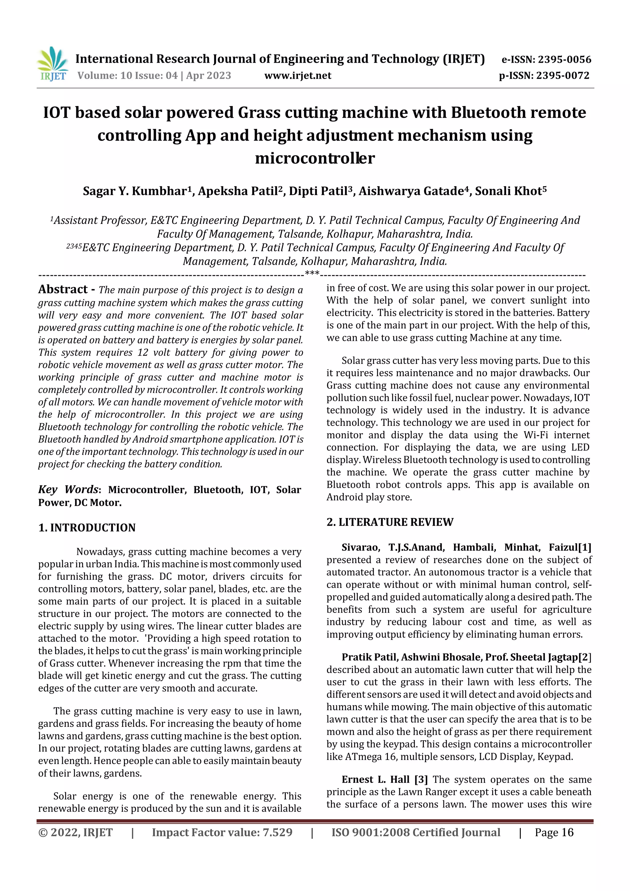 IOT based solar powered Grass cutting machine with Bluetooth remote ...