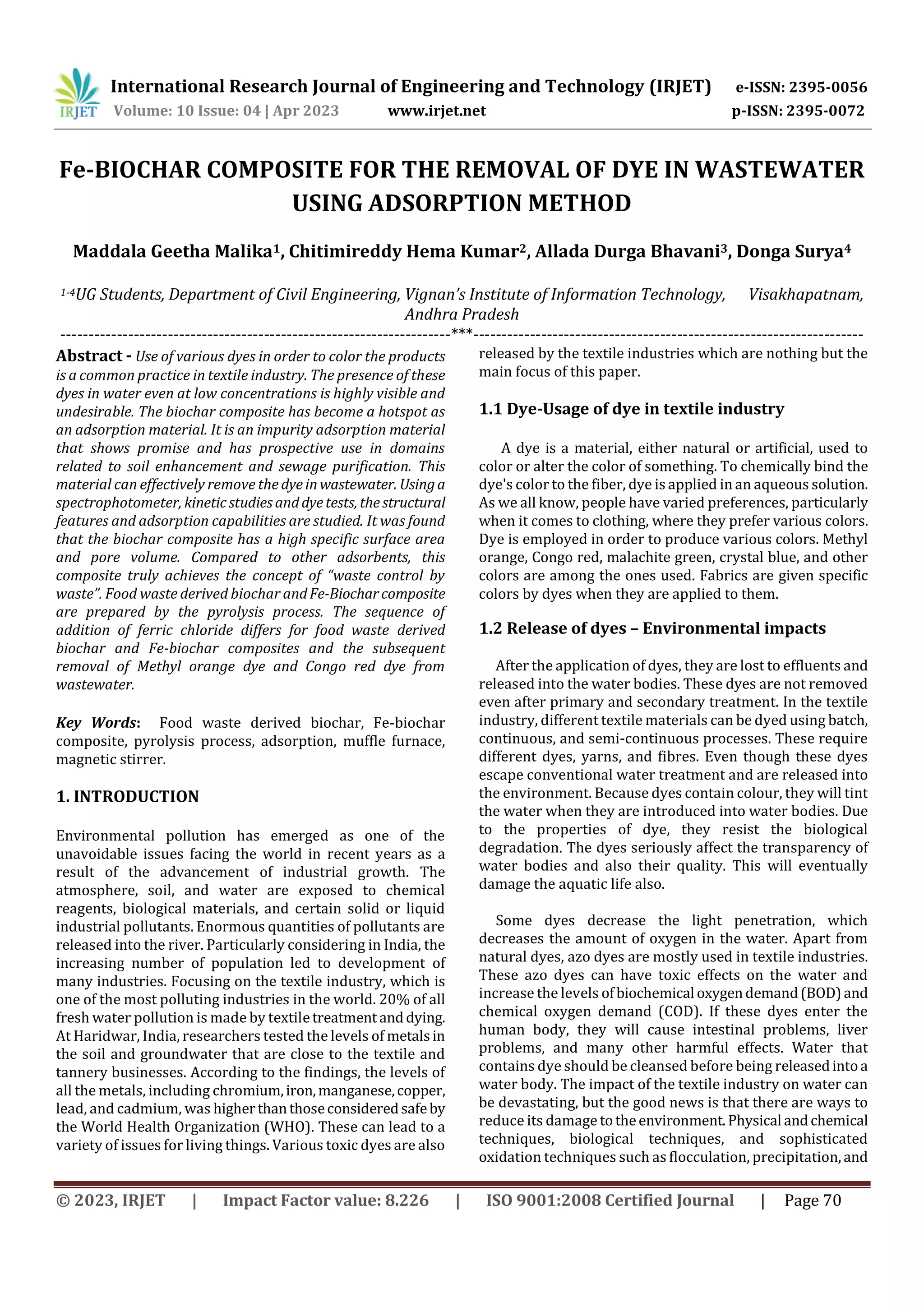 Fe-BIOCHAR COMPOSITE FOR THE REMOVAL OF DYE IN WASTEWATER USING ...