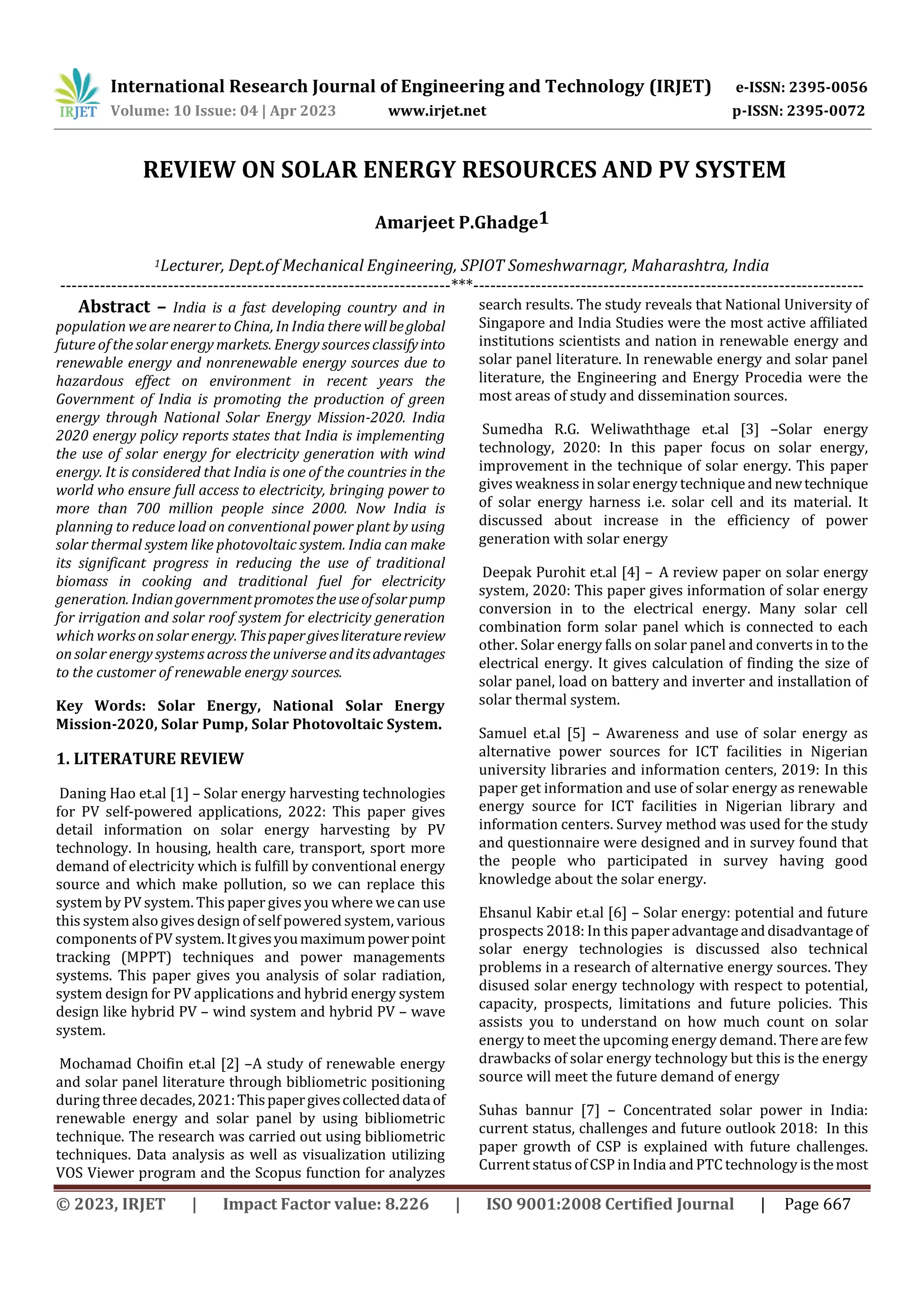 REVIEW ON SOLAR ENERGY RESOURCES AND PV SYSTEM | PDF