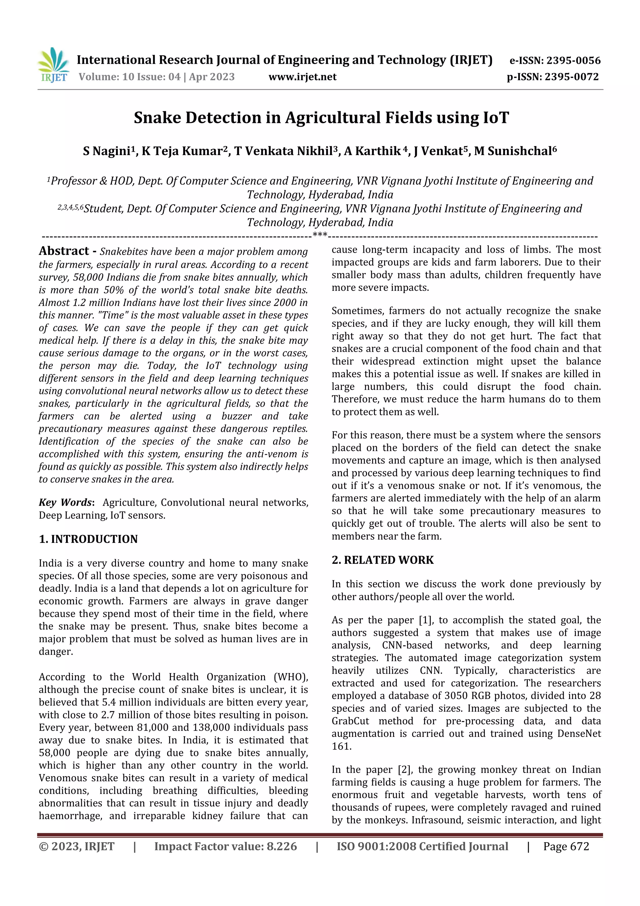 Snake Detection in Agricultural Fields using IoT | PDF