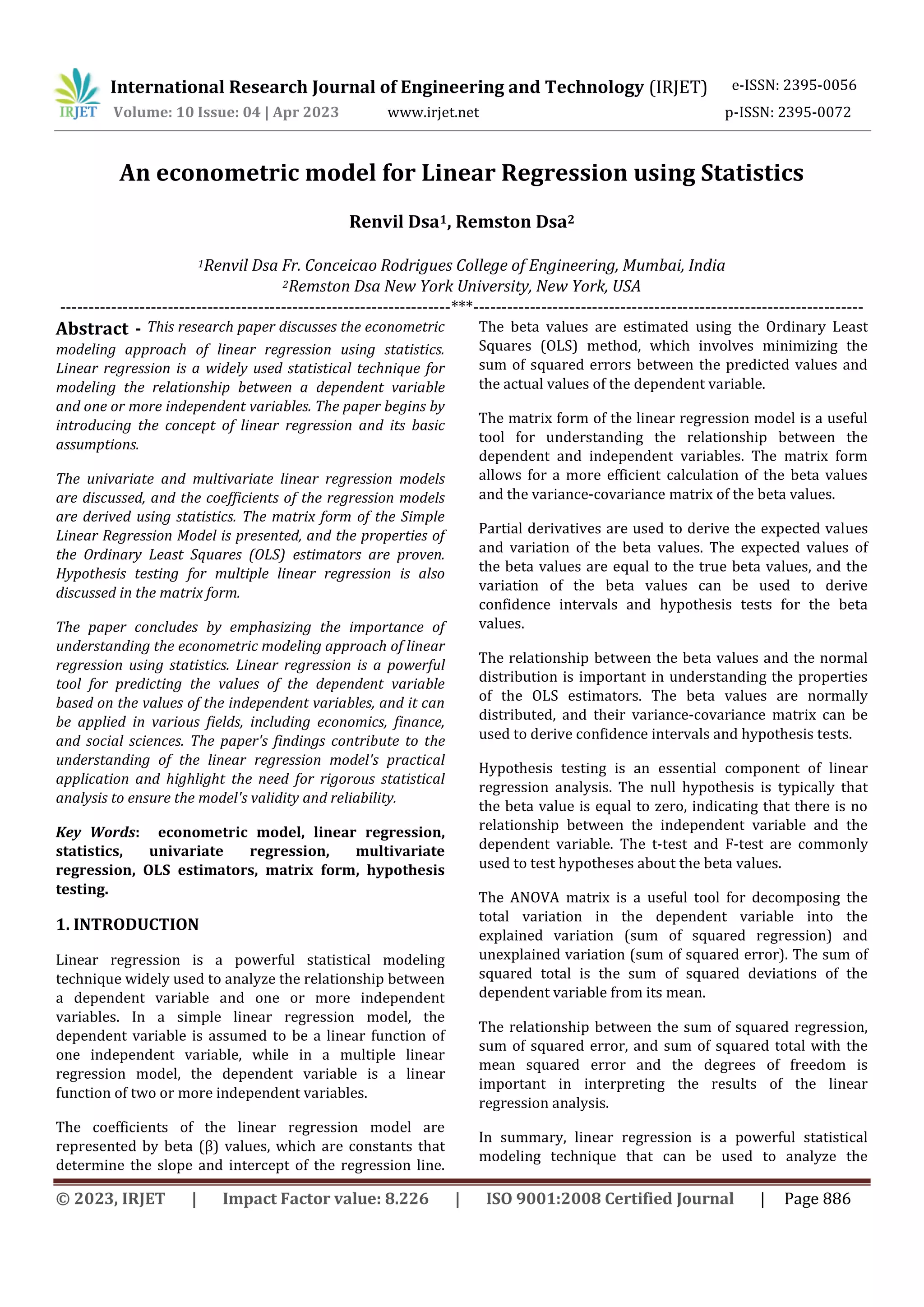 An econometric model for Linear Regression using Statistics | PDF