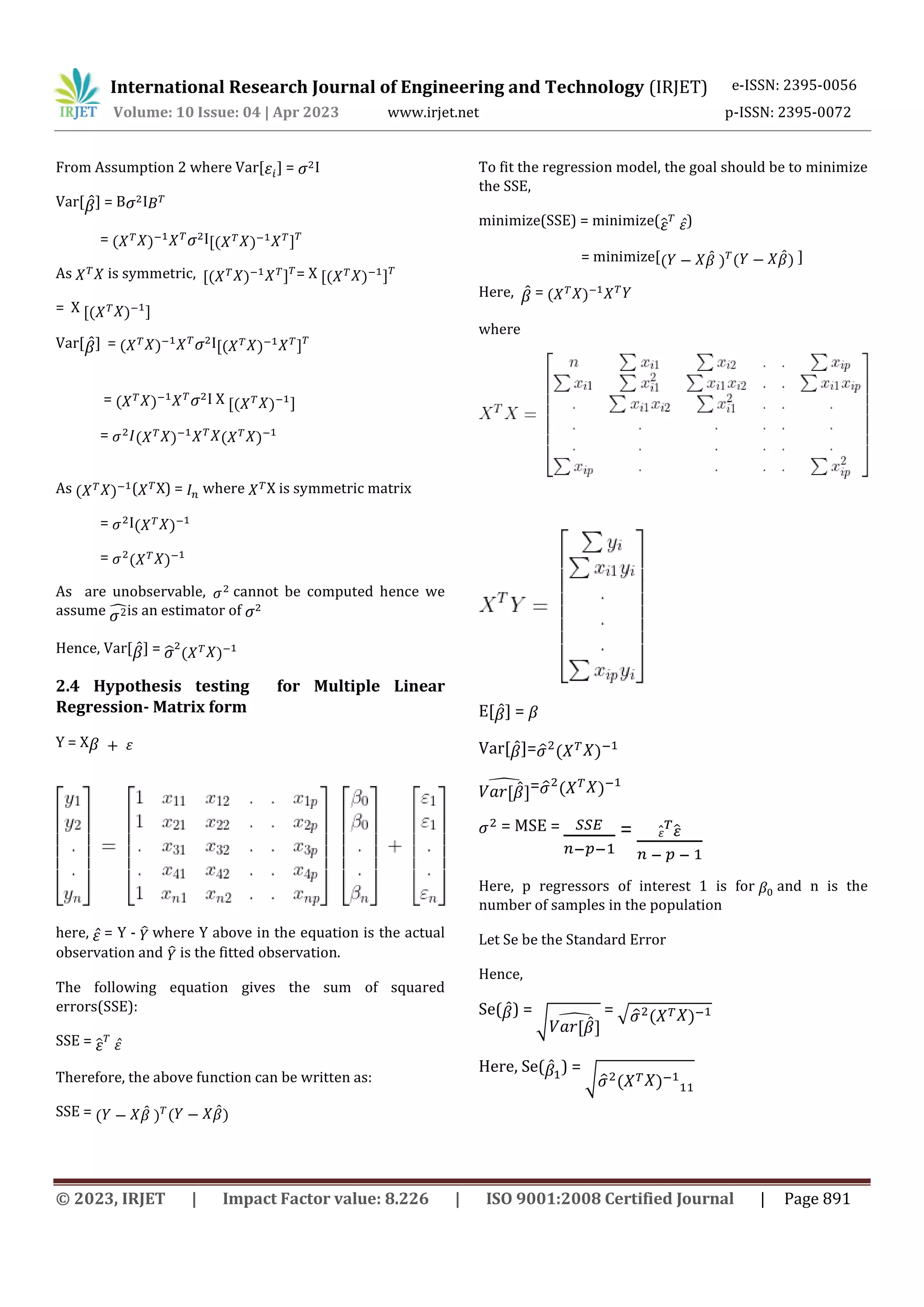 An econometric model for Linear Regression using Statistics | PDF