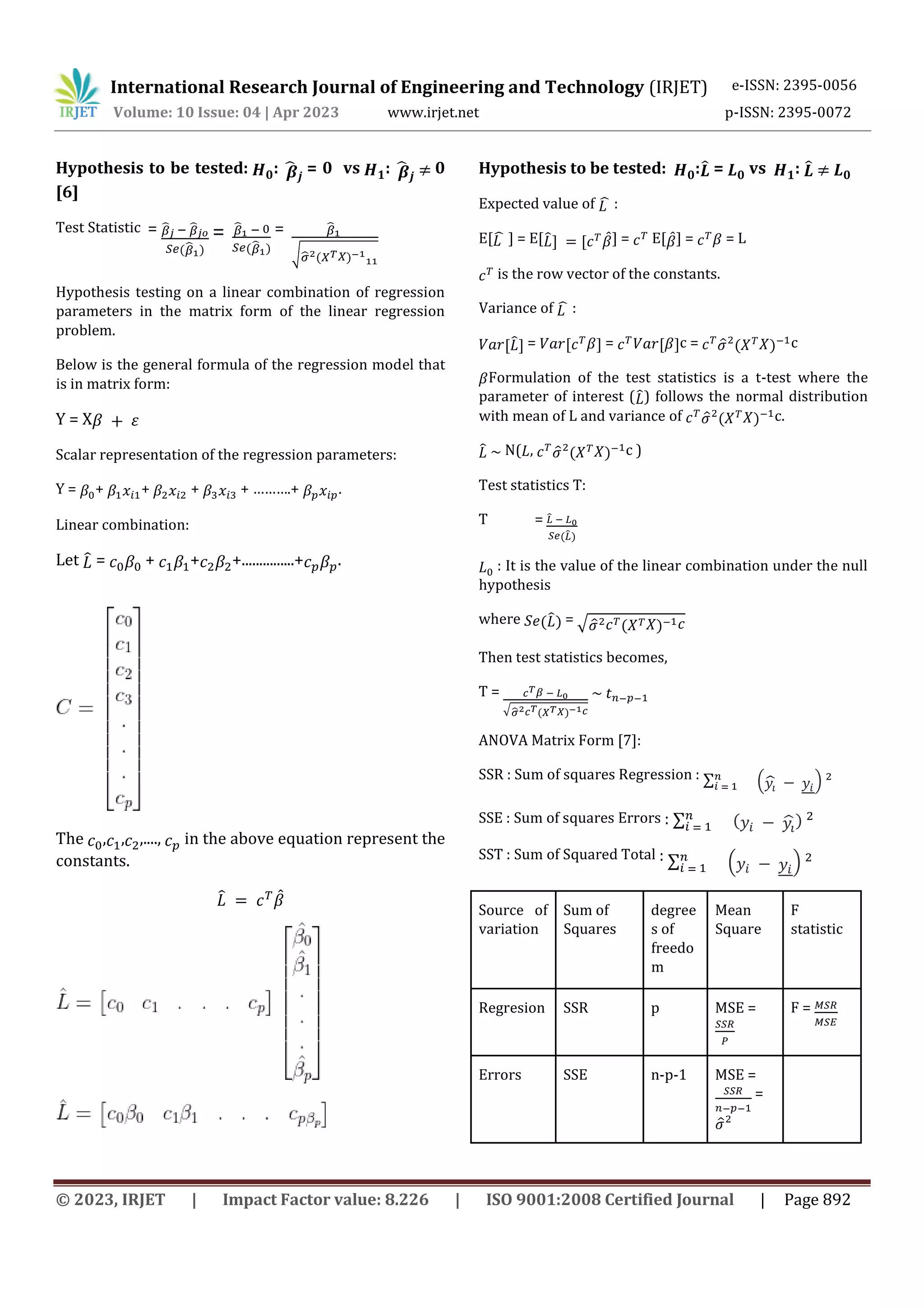 An Econometric Model For Linear Regression Using Statistics Pdf
