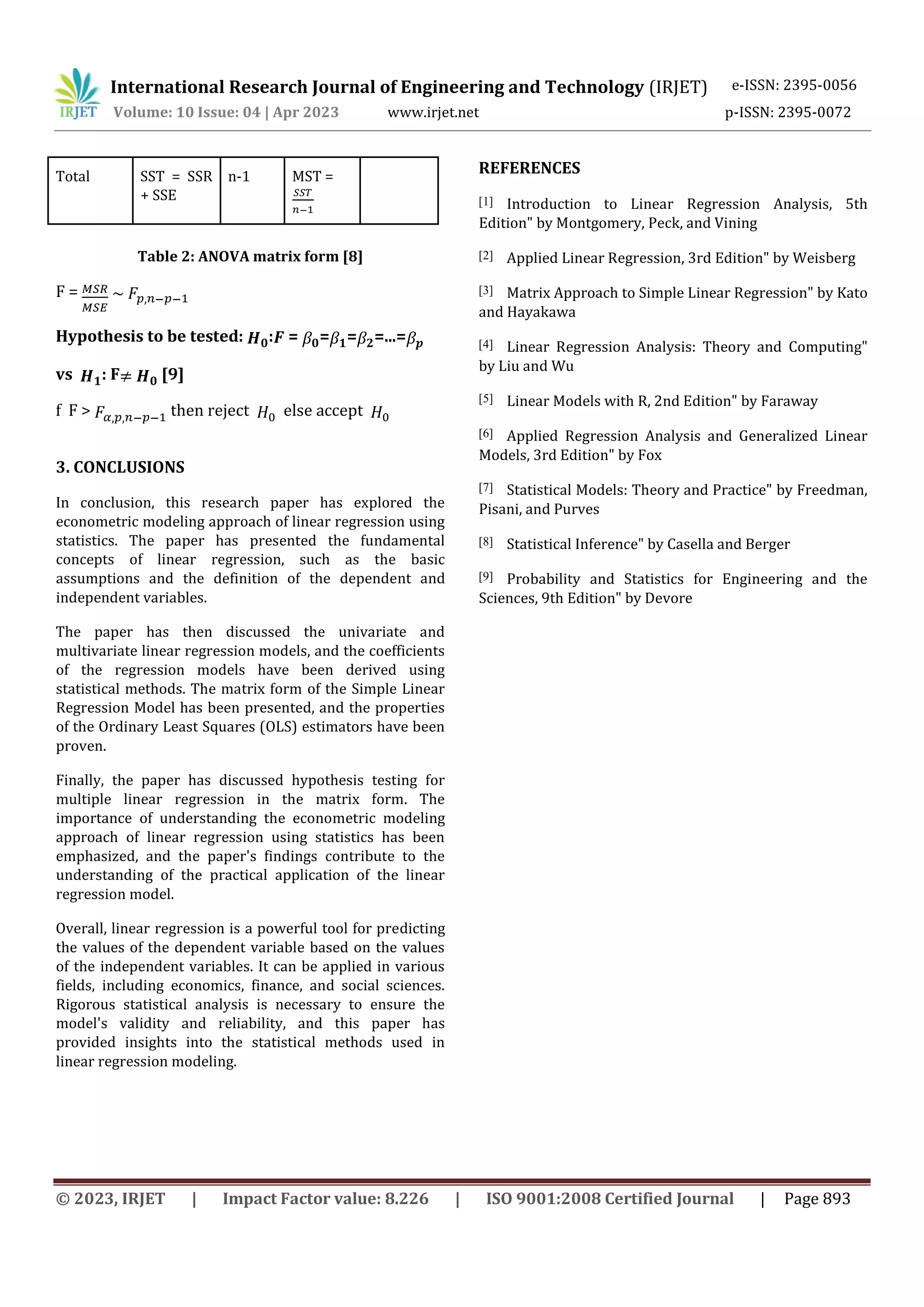 An Econometric Model For Linear Regression Using Statistics Pdf