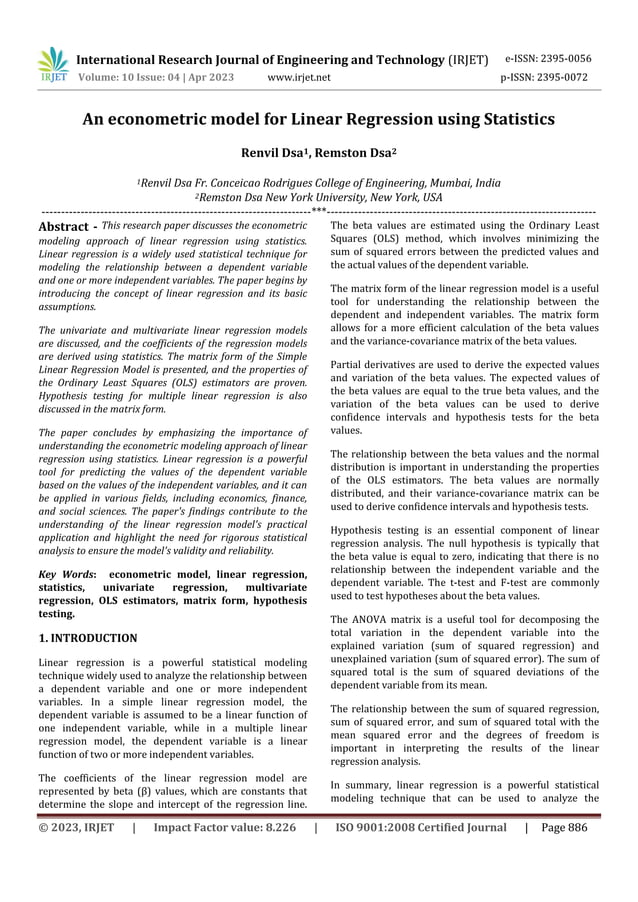 An econometric model for Linear Regression using Statistics | PDF