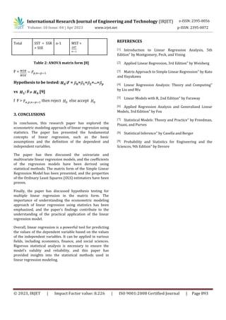An econometric model for Linear Regression using Statistics | PDF