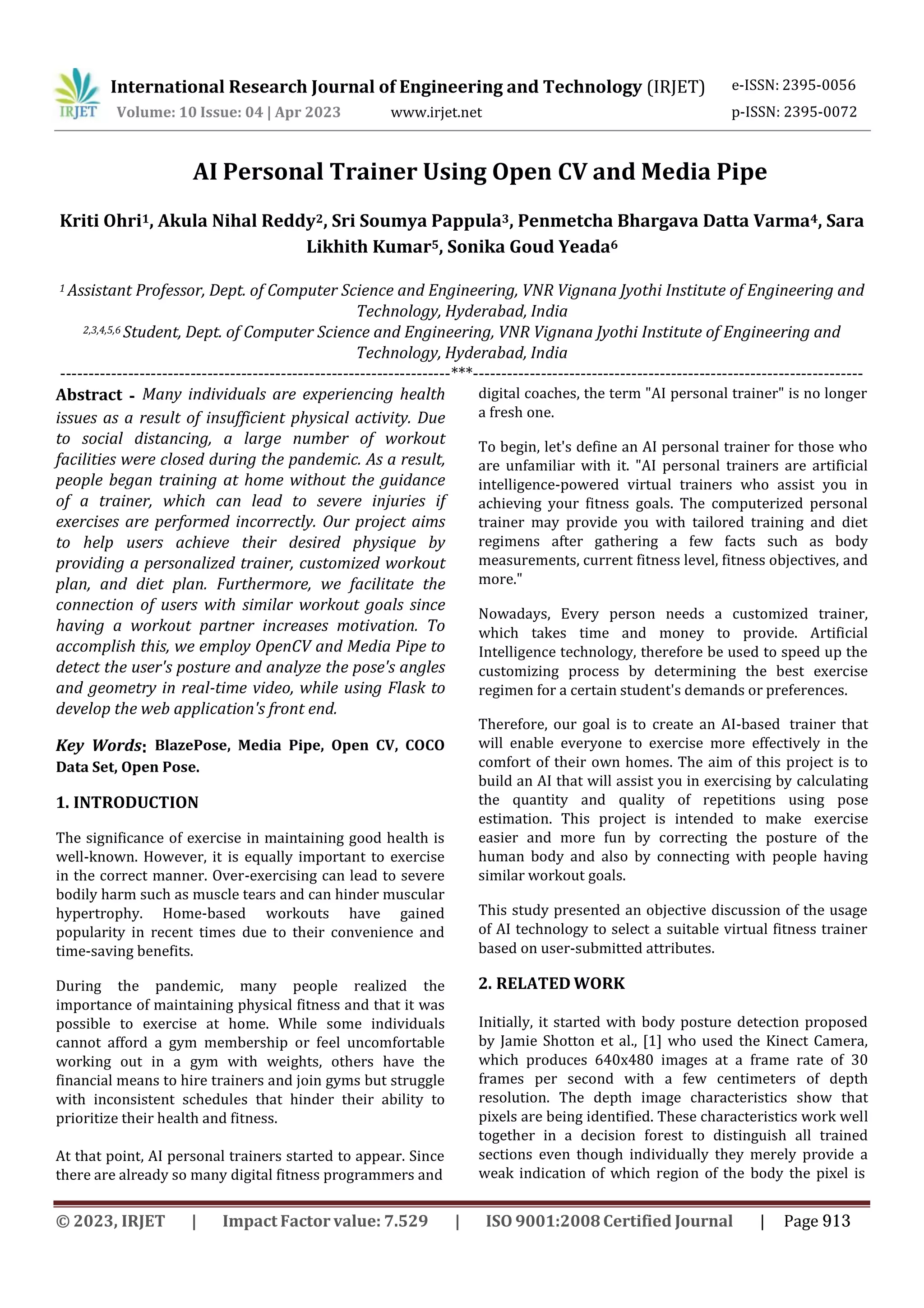 AI Personal Trainer Using Open CV and Media Pipe | PDF