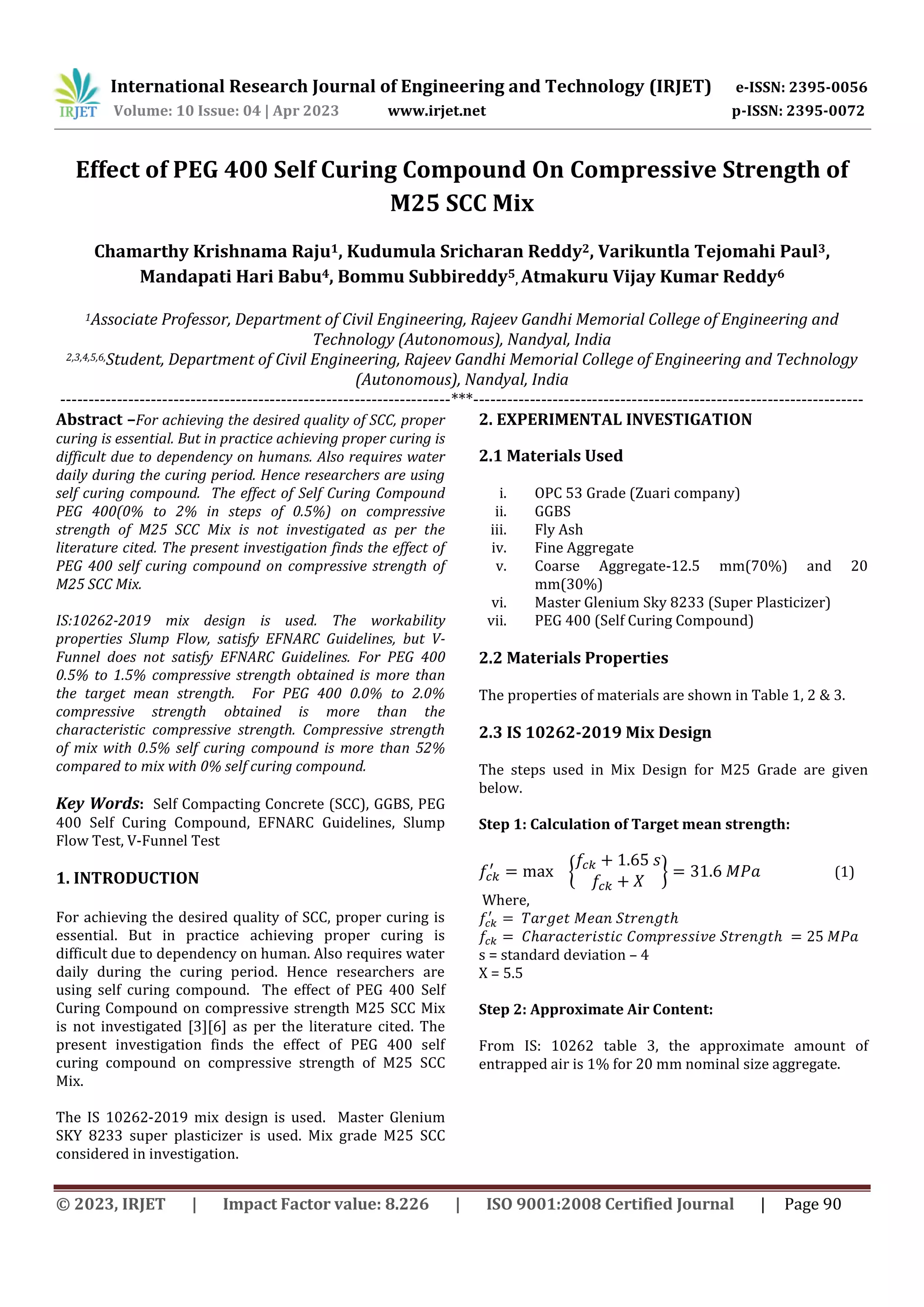 Effect of PEG 400 Self Curing Compound On Compressive Strength of M25 SCC Mix | PDF