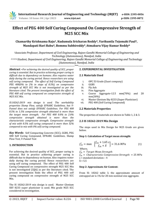 Effect of PEG 400 Self Curing Compound On Compressive Strength of M25 ...