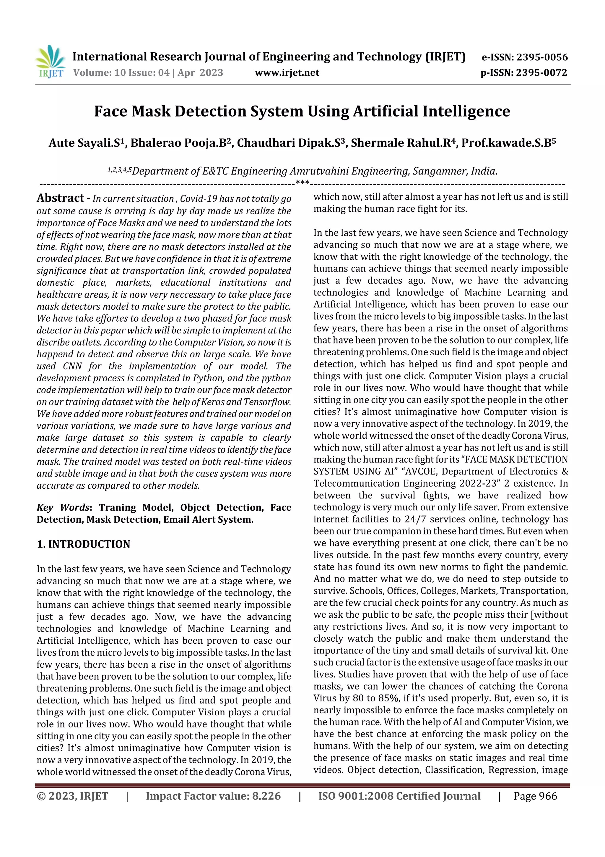 Face Mask Detection System Using Artificial Intelligence | PDF
