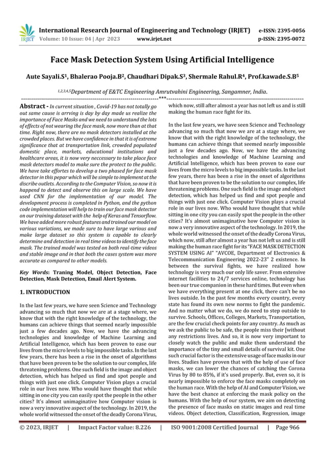 Face Mask Detection System Using Artificial Intelligence | PDF