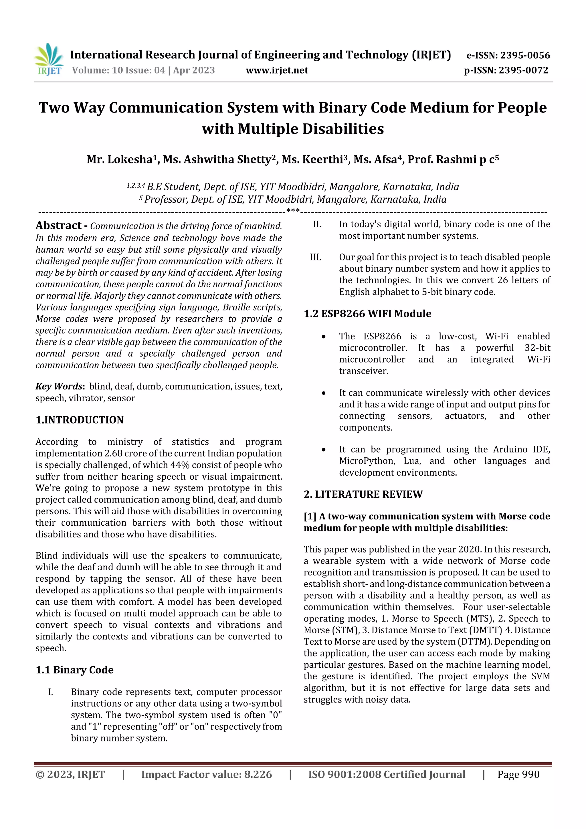 Two Way Communication System with Binary Code Medium for People with ...