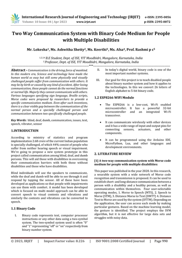 Two Way Communication System with Binary Code Medium for People with ...