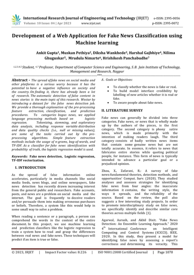Development of a Web Application for Fake News Classification using Machine learning | PDF