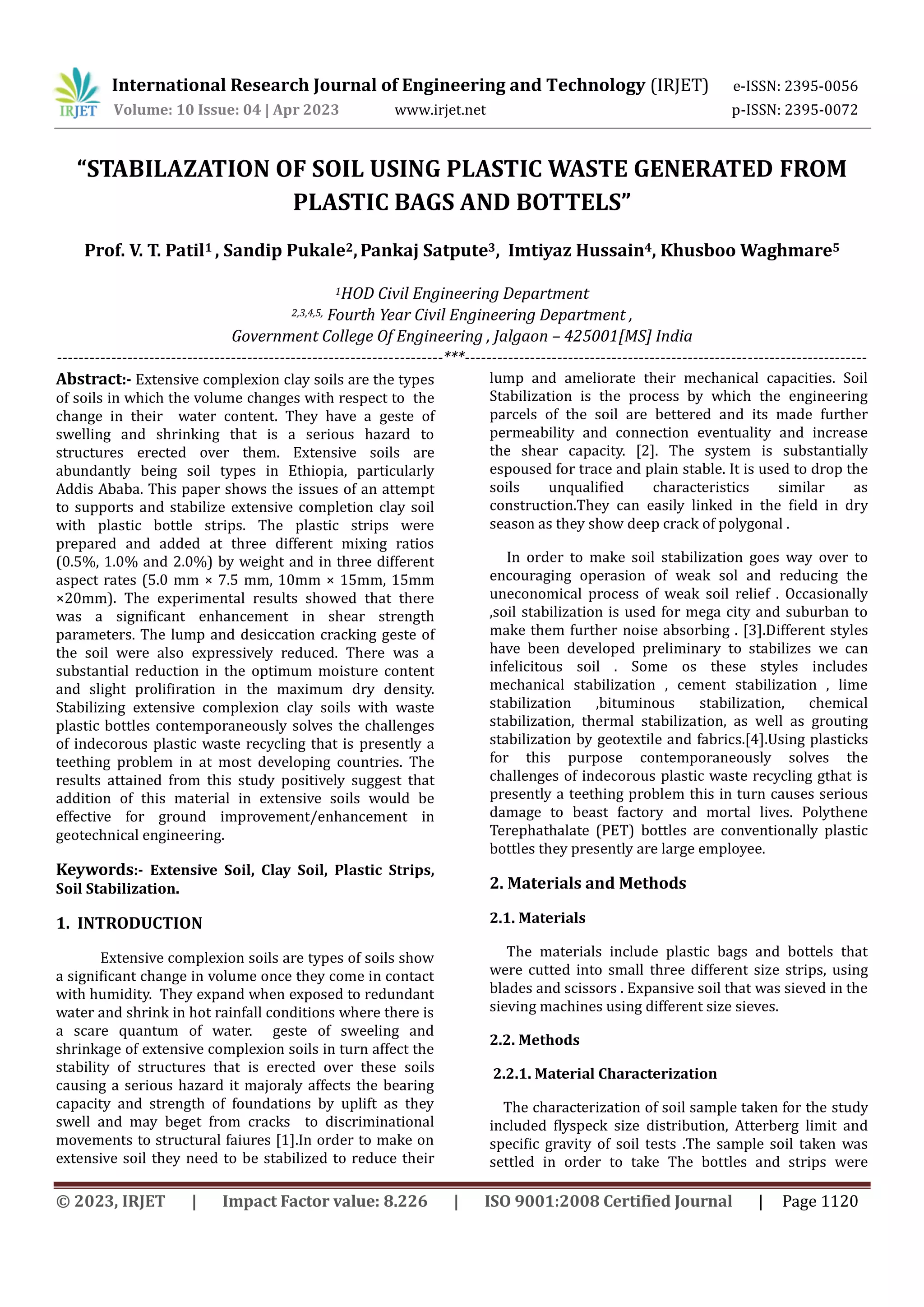 “STABILAZATION OF SOIL USING PLASTIC WASTE GENERATED FROM PLASTIC BAGS ...