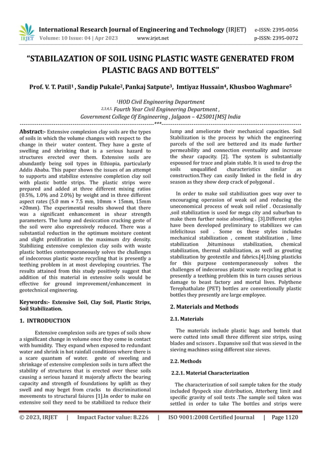 “STABILAZATION OF SOIL USING PLASTIC WASTE GENERATED FROM PLASTIC BAGS ...