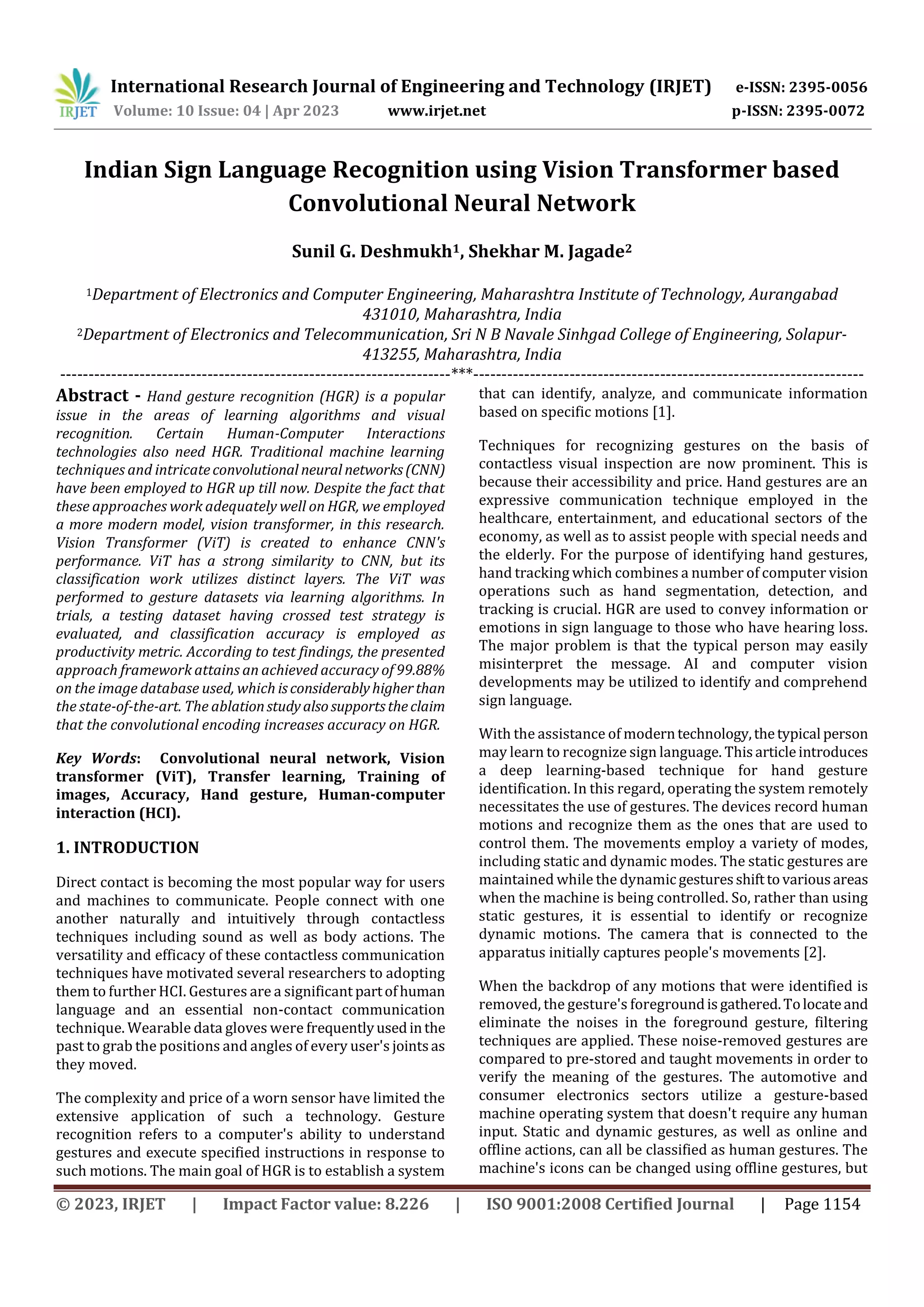 Indian Sign Language Recognition using Vision Transformer based Convolutional Neural Network | PDF