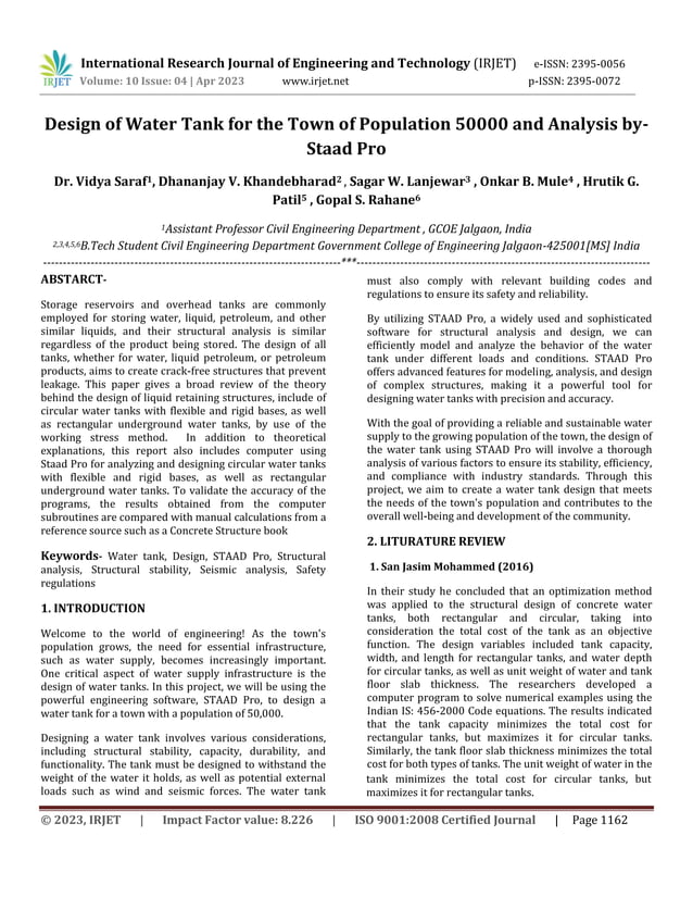 Design of Water Tank for the Town of Population 50000 and Analysis by ...