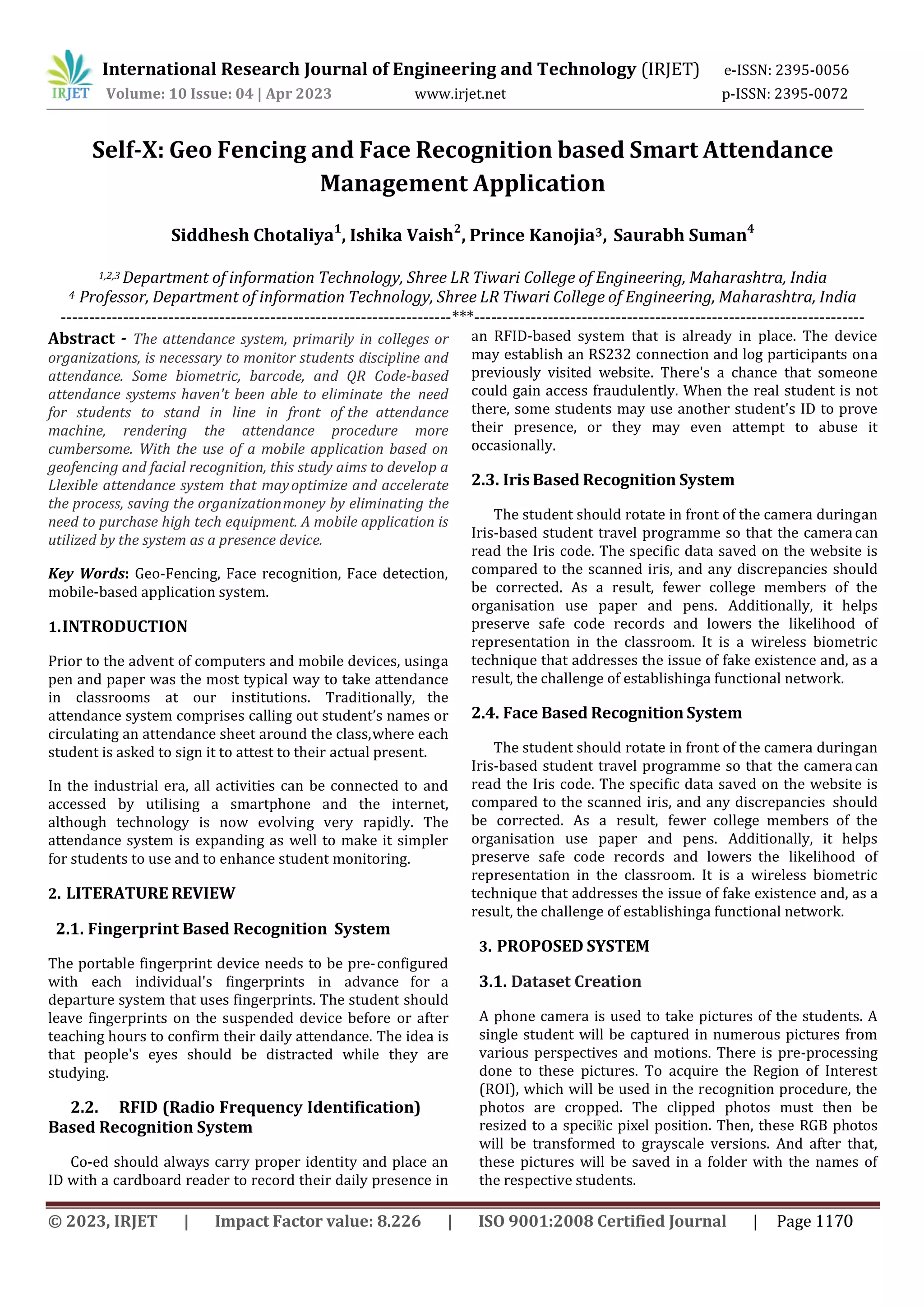 Self-X: Geo Fencing and Face Recognition based Smart Attendance Management Application | PDF