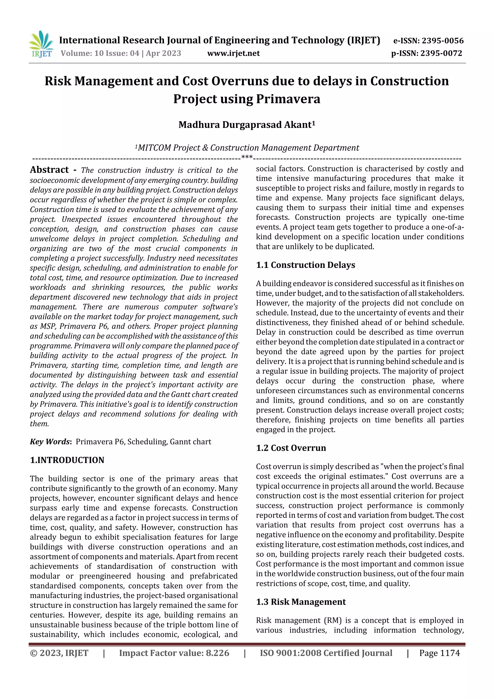 Risk Management and Cost Overruns due to delays in Construction Project ...