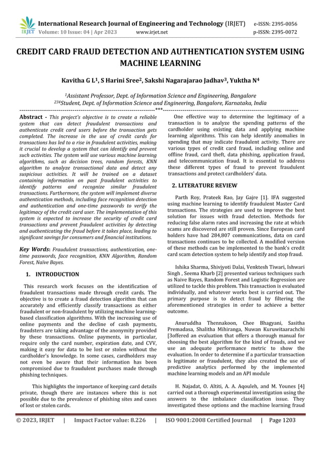 CREDIT CARD FRAUD DETECTION AND AUTHENTICATION SYSTEM USING MACHINE LEARNING | PDF