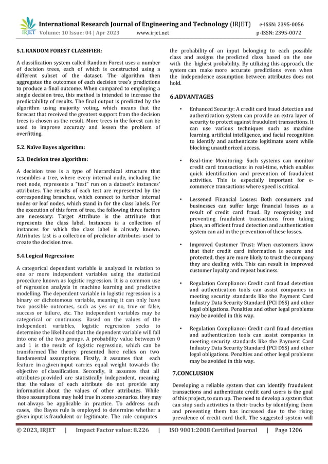 CREDIT CARD FRAUD DETECTION AND AUTHENTICATION SYSTEM USING MACHINE LEARNING | PDF