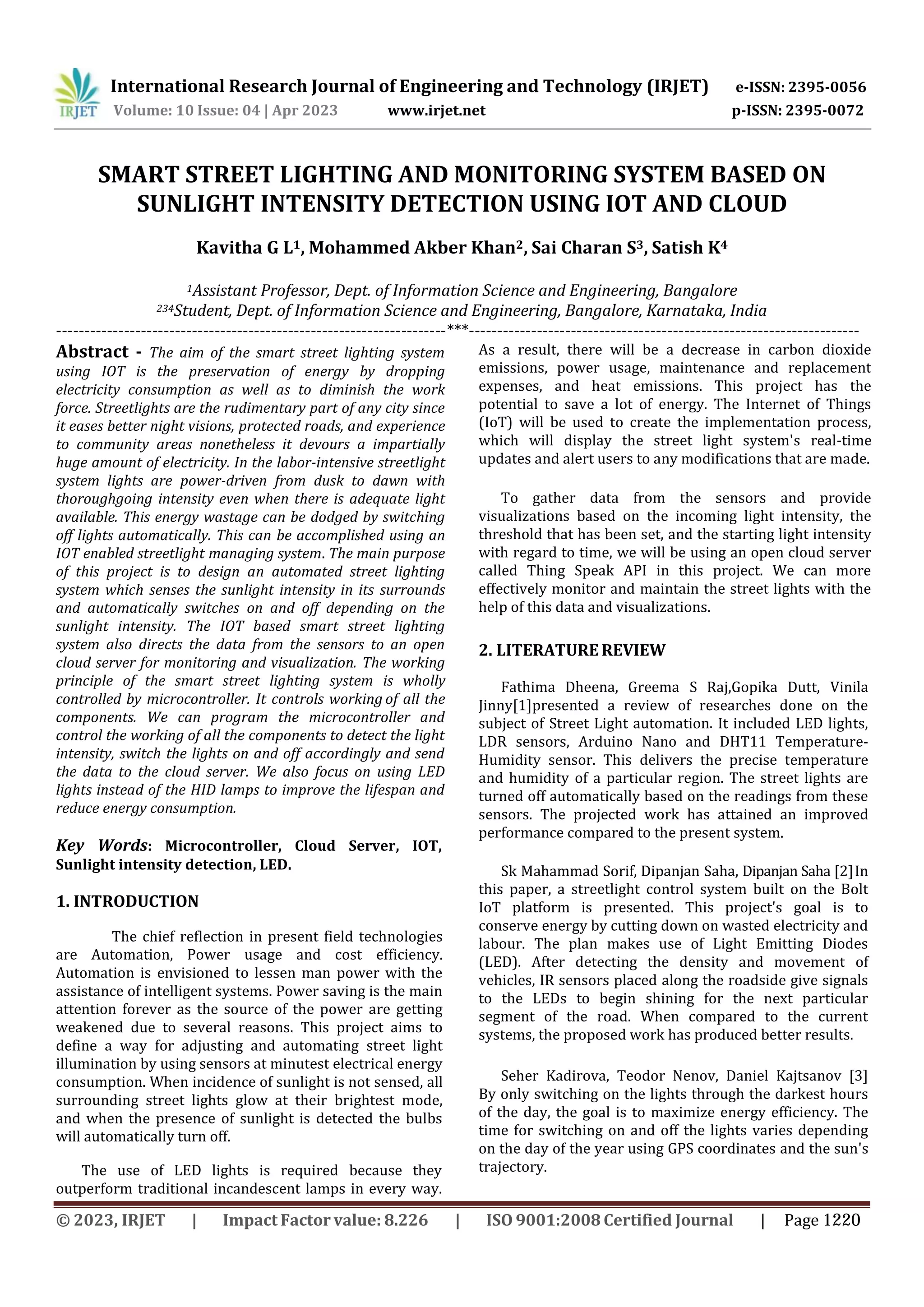 SMART STREET LIGHTING AND MONITORING SYSTEM BASED ON SUNLIGHT INTENSITY DETECTION USING IOT AND ...