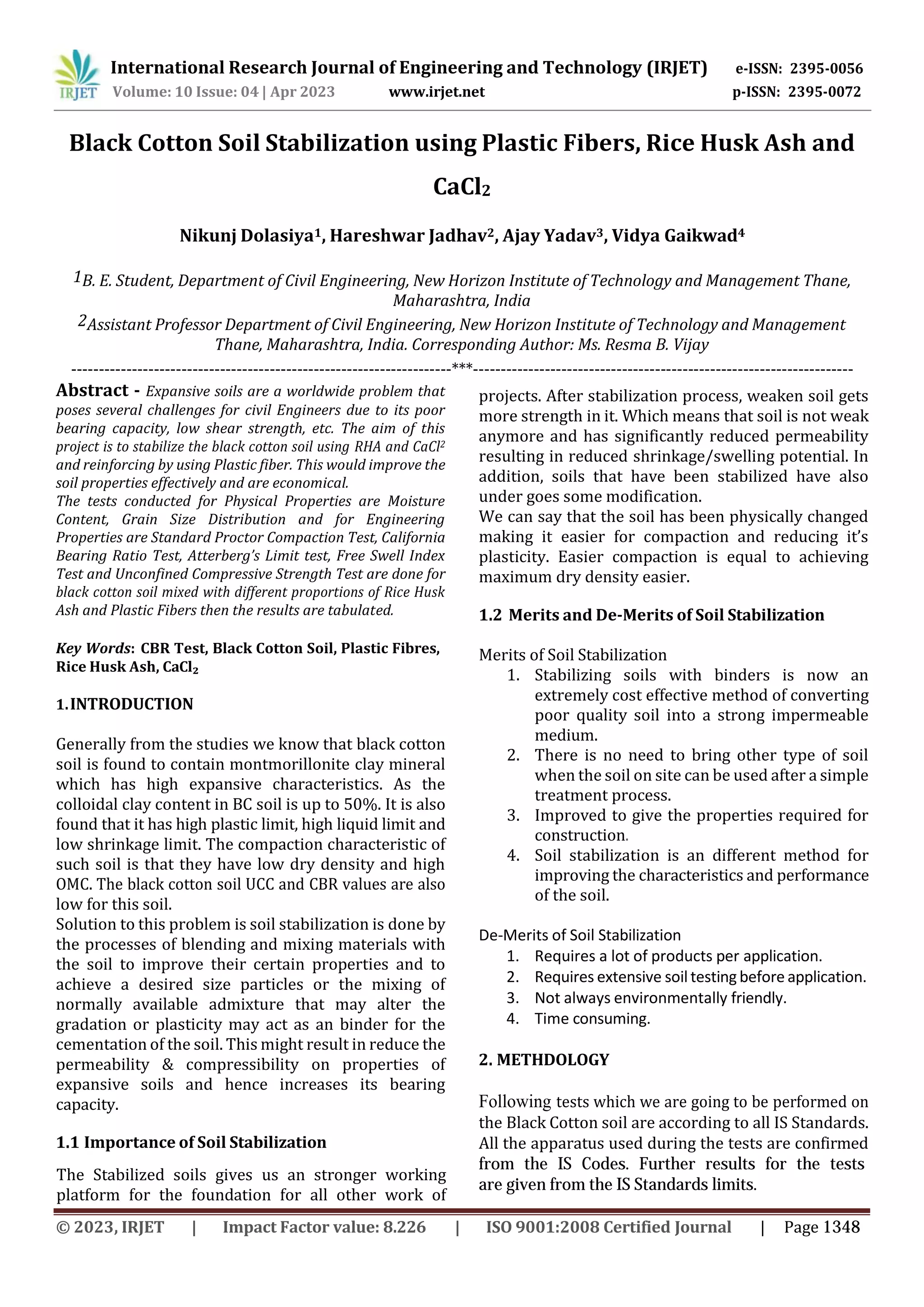 Black Cotton Soil Stabilization using Plastic Fibers, Rice Husk Ash and ...