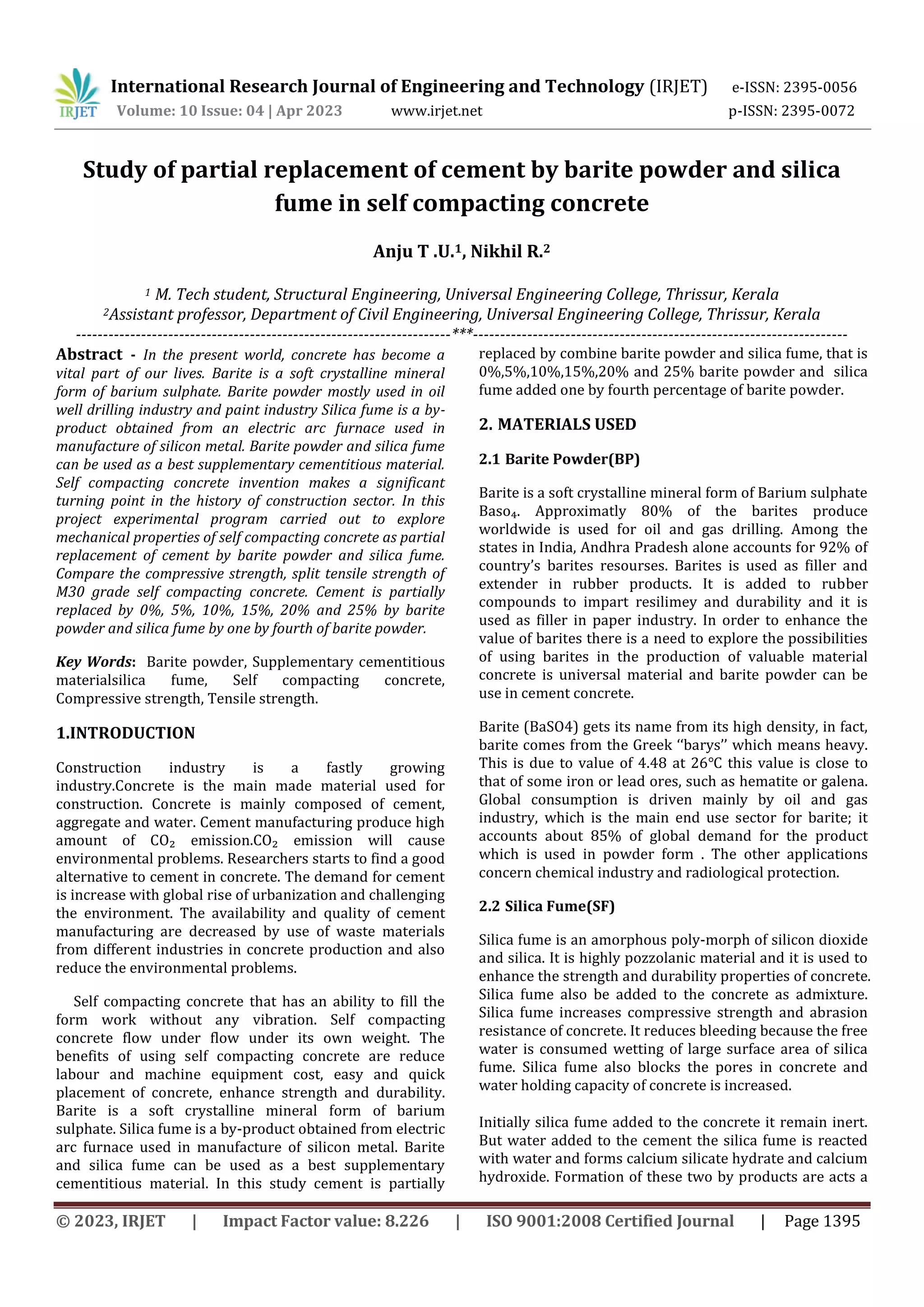 Study of partial replacement of cement by barite powder and silica fume ...
