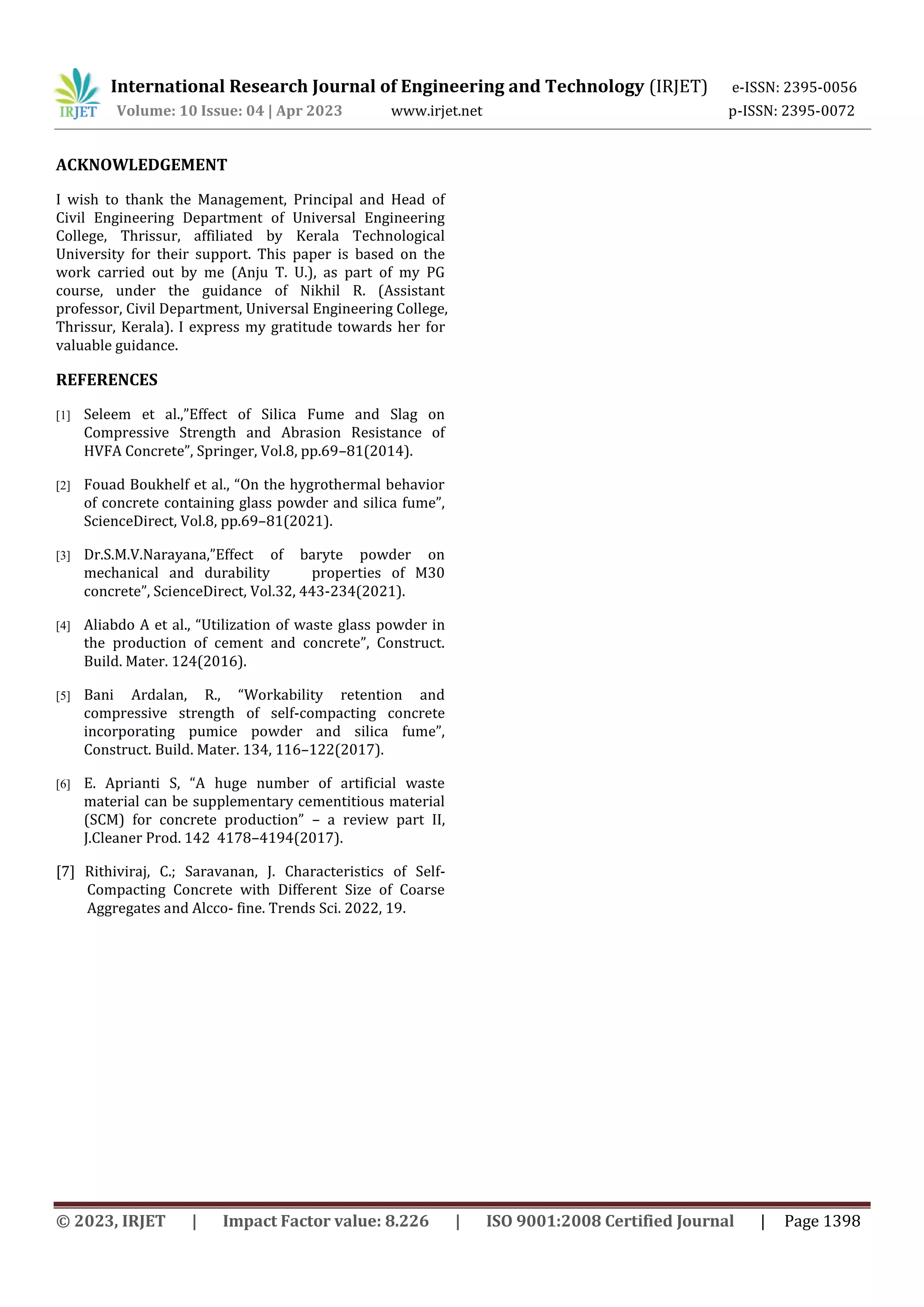 Study of partial replacement of cement by barite powder and silica fume ...