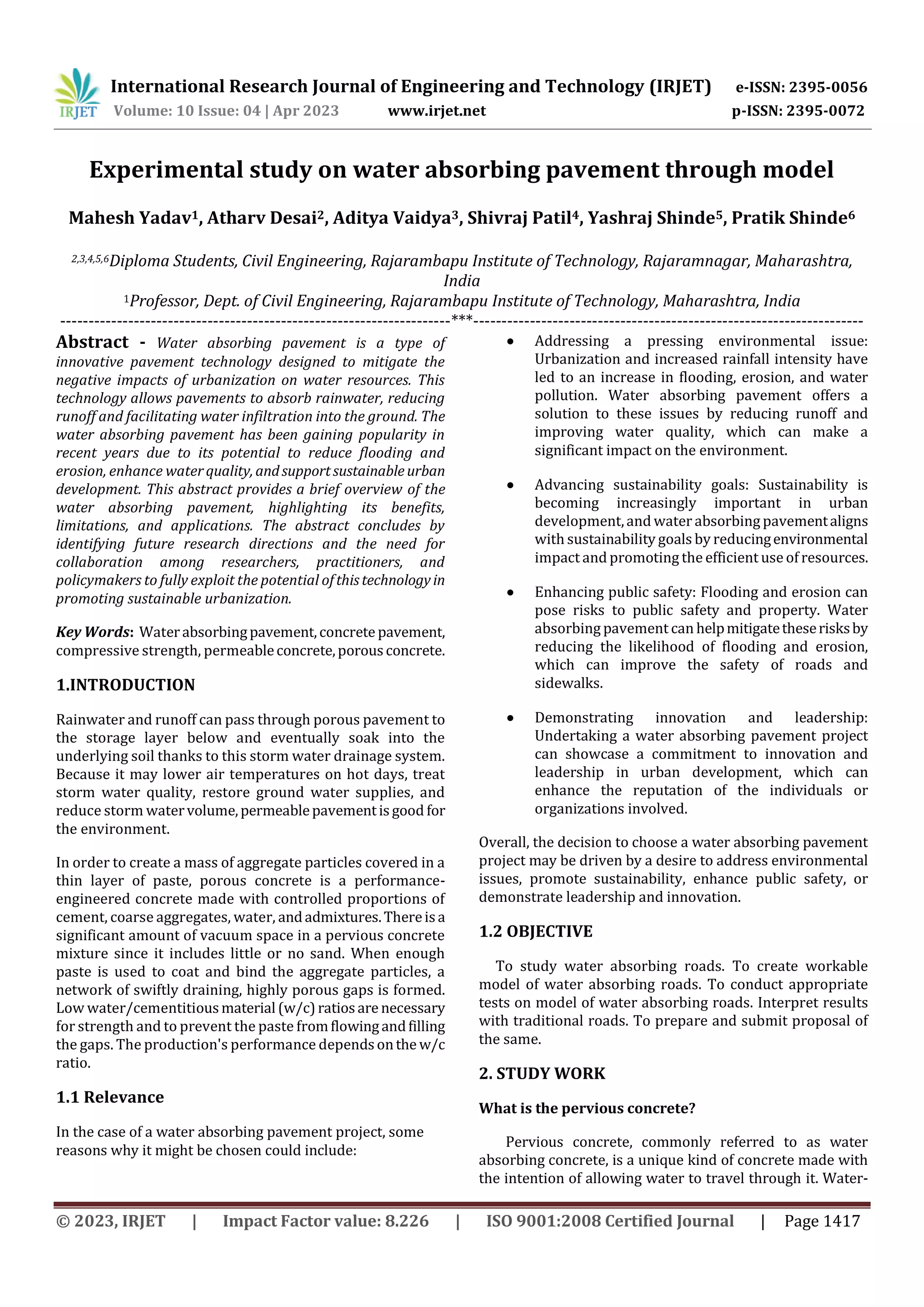 Experimental study on water absorbing pavement through model | PDF