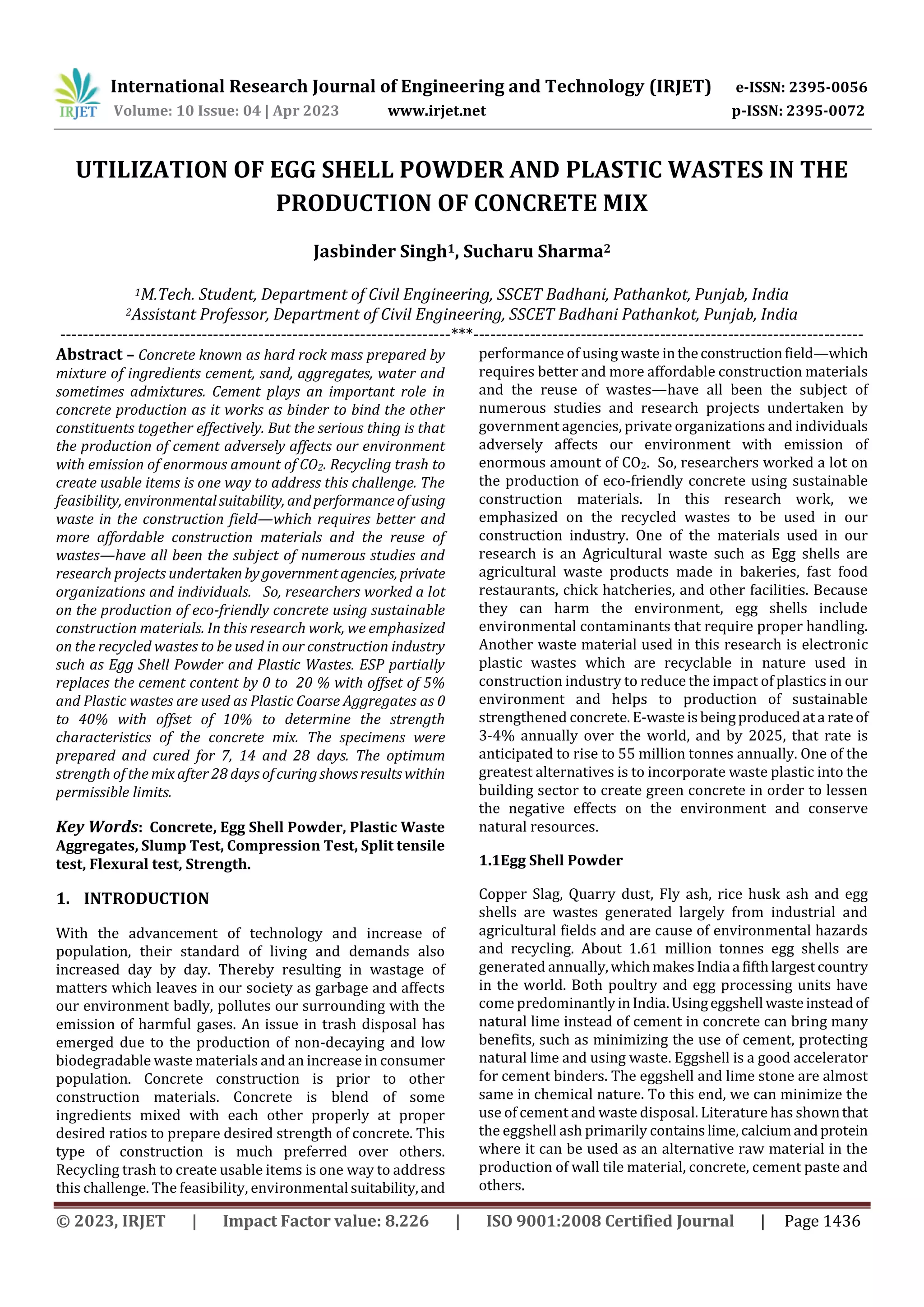 UTILIZATION OF EGG SHELL POWDER AND PLASTIC WASTES IN THE PRODUCTION OF ...