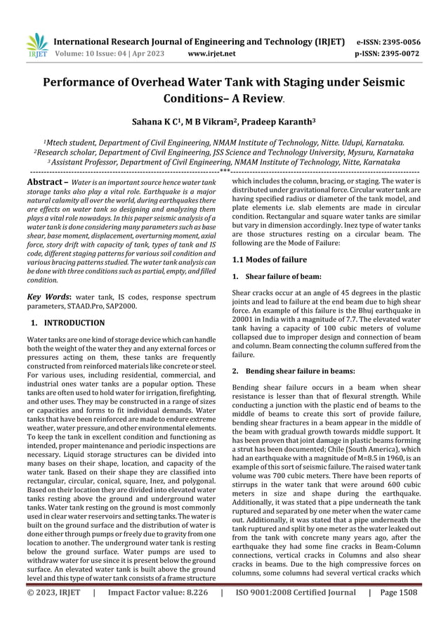 Performance of Overhead Water Tank with Staging under Seismic ...