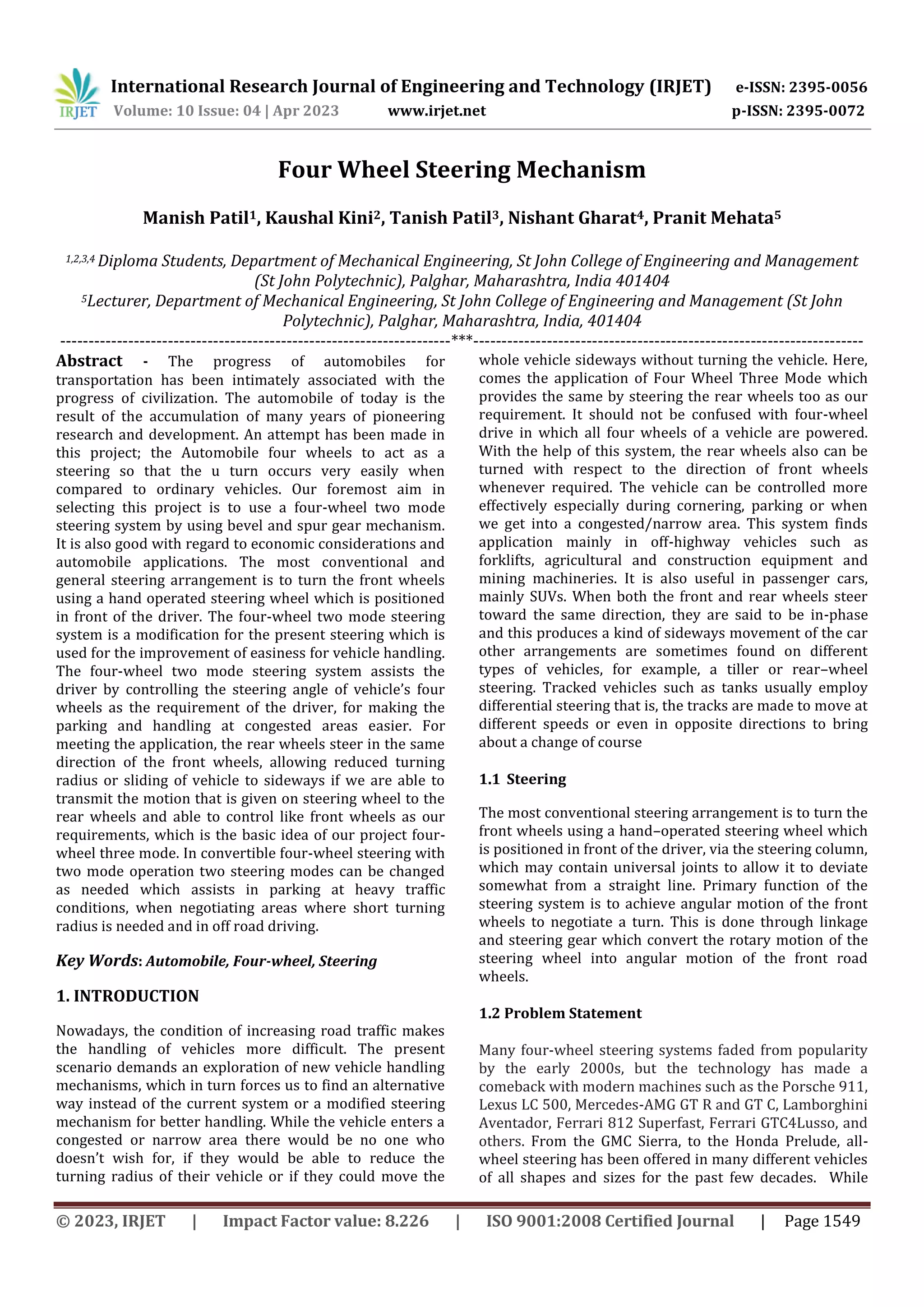 Four Wheel Steering Mechanism | PDF