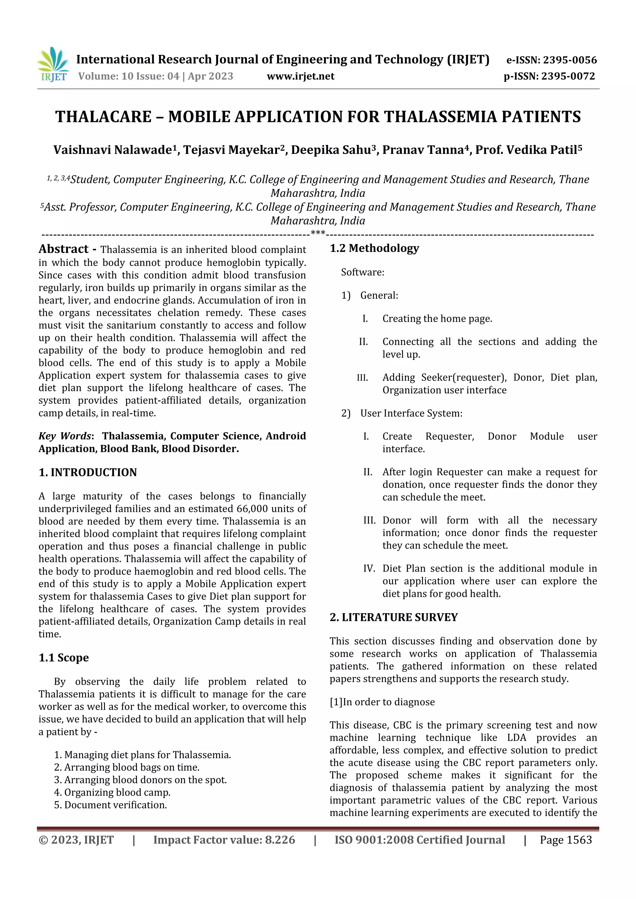 THALACARE – MOBILE APPLICATION FOR THALASSEMIA PATIENTS | PDF