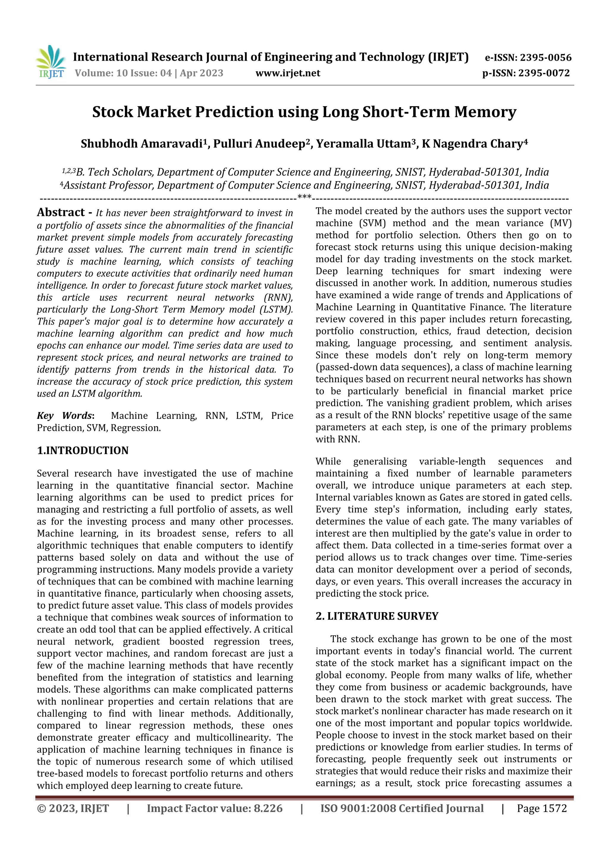 Stock Market Prediction using Long Short-Term Memory | PDF