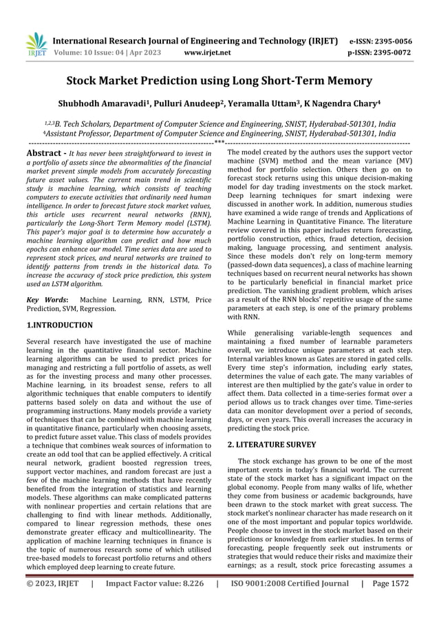 Stock Market Prediction using Long Short-Term Memory | PDF